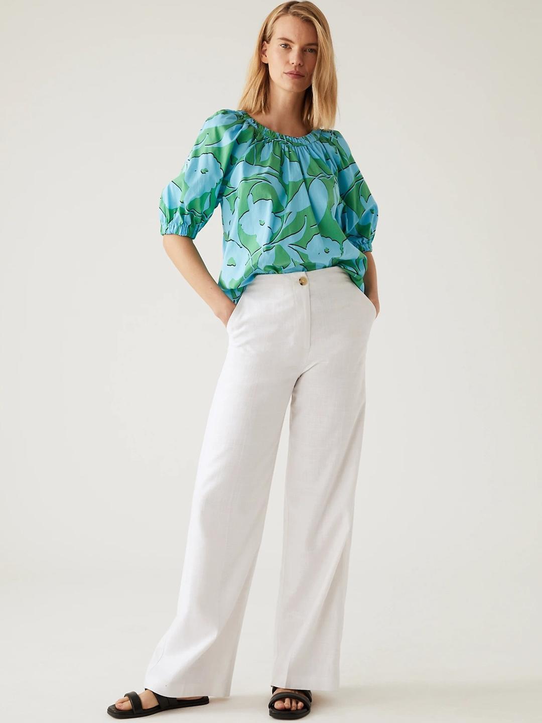 Buy Marks & Spencer Women High Rise Linen Parallel Trousers - Trousers ...