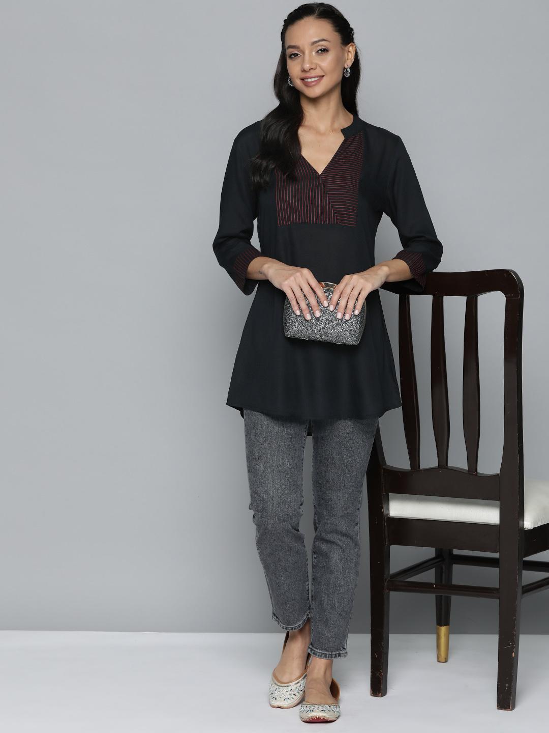 Buy HERE&NOW Yoke Design V Neck Thread Work Short Kurti - Kurtis for ...