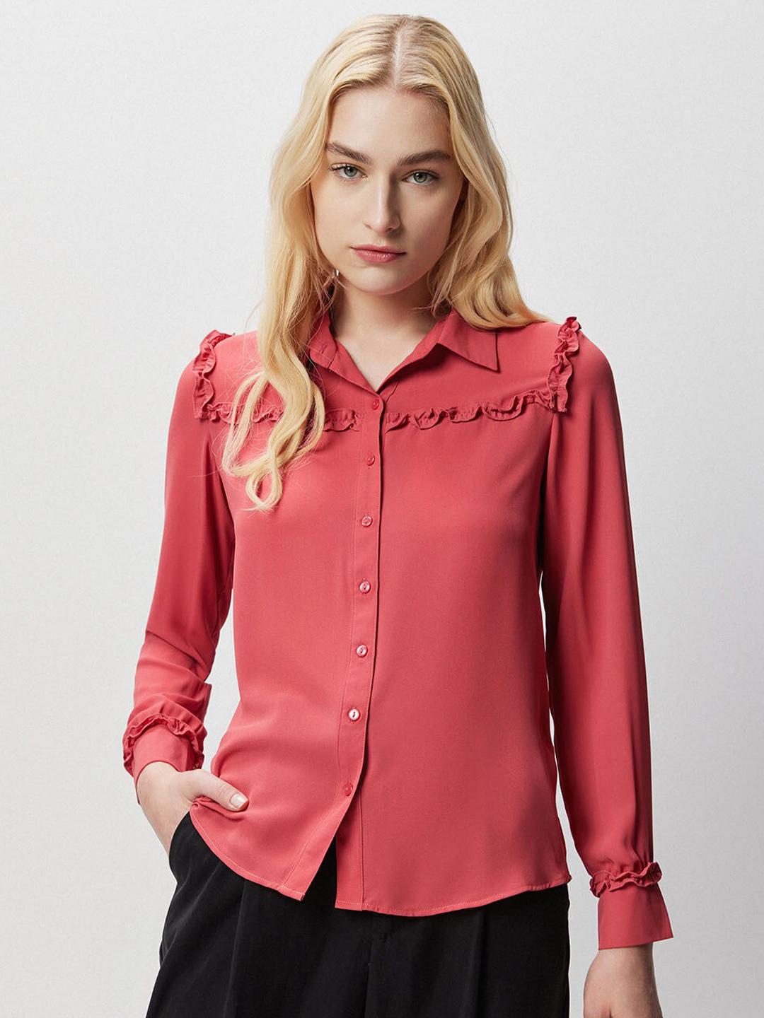 Buy COVER STORY Red Cuffed Sleeve Ruffle Shirt Style Top - Tops for ...