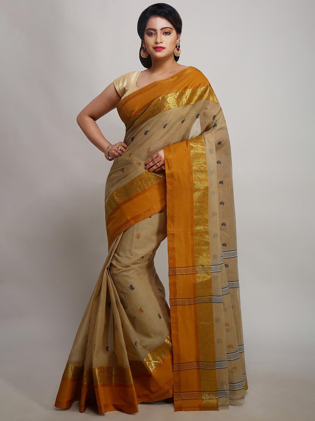 Buy WoodenTant Ethnic Motif Pure Cotton Taant Zari Saree - Sarees for ...
