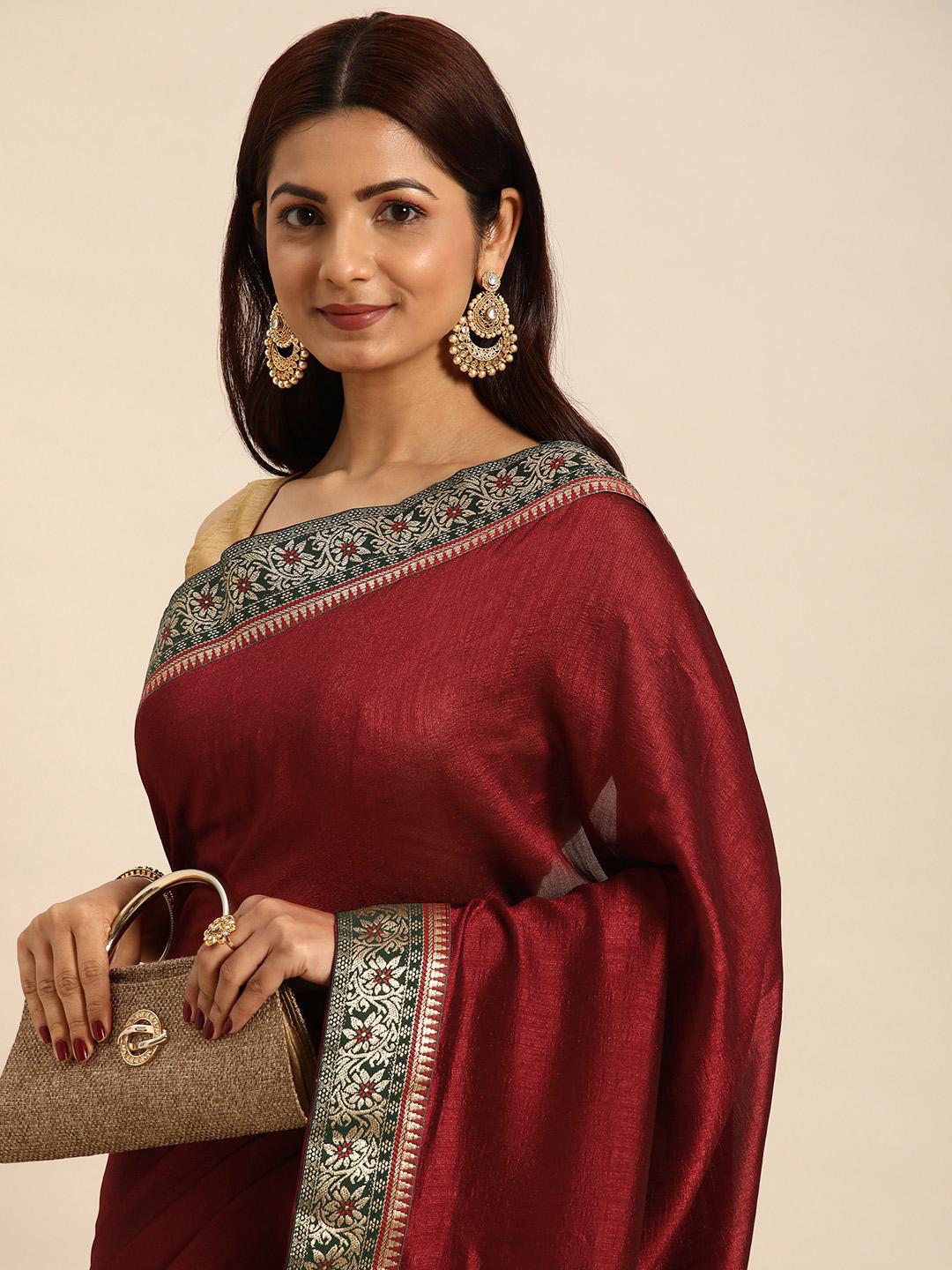 Buy Indian Women Maroon Embellished Silk Blend Fusion Saree - Sarees ...