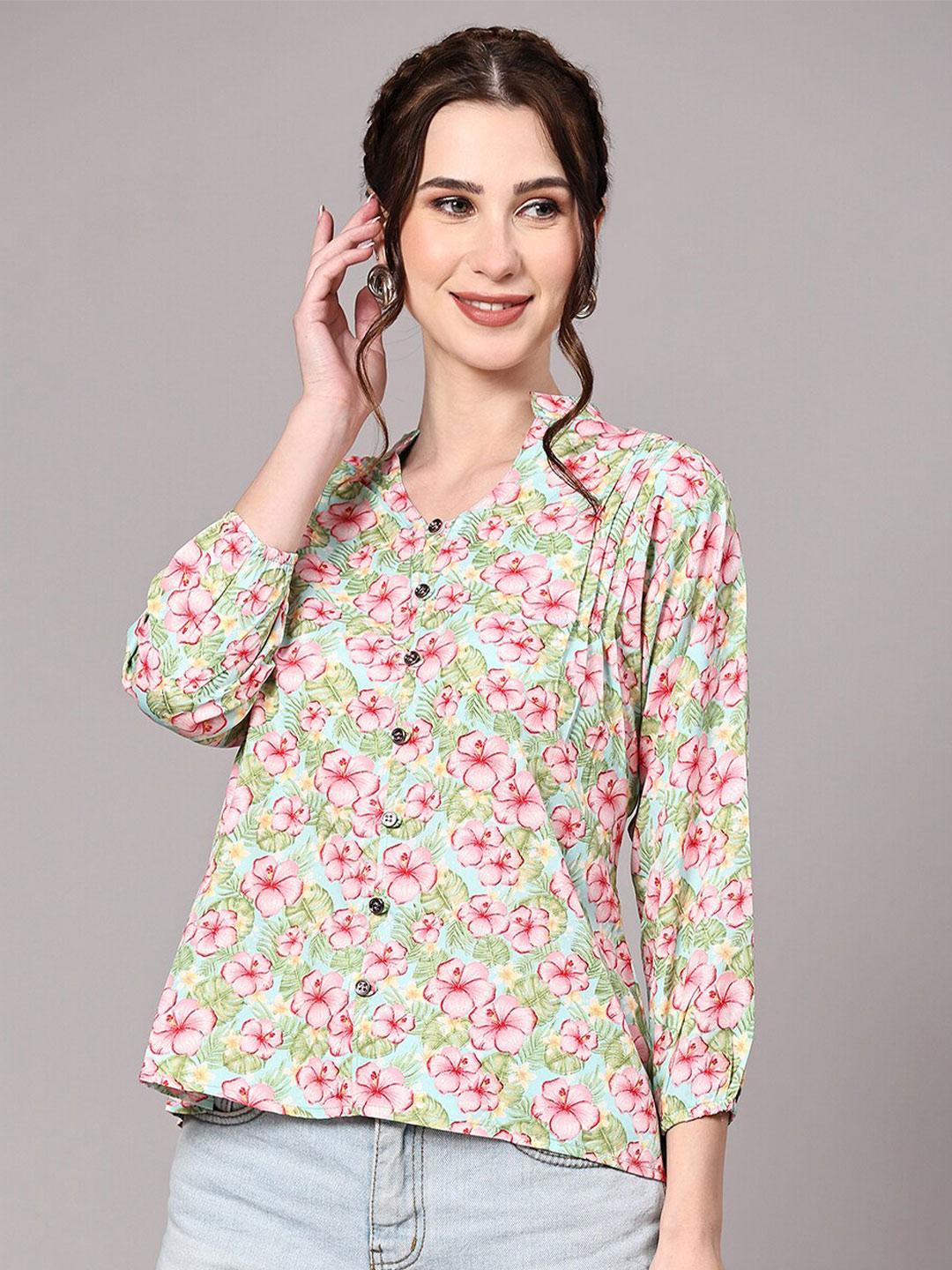Buy V TRADITION Floral Printed Mandarin Collar Regular Top - Tops for ...