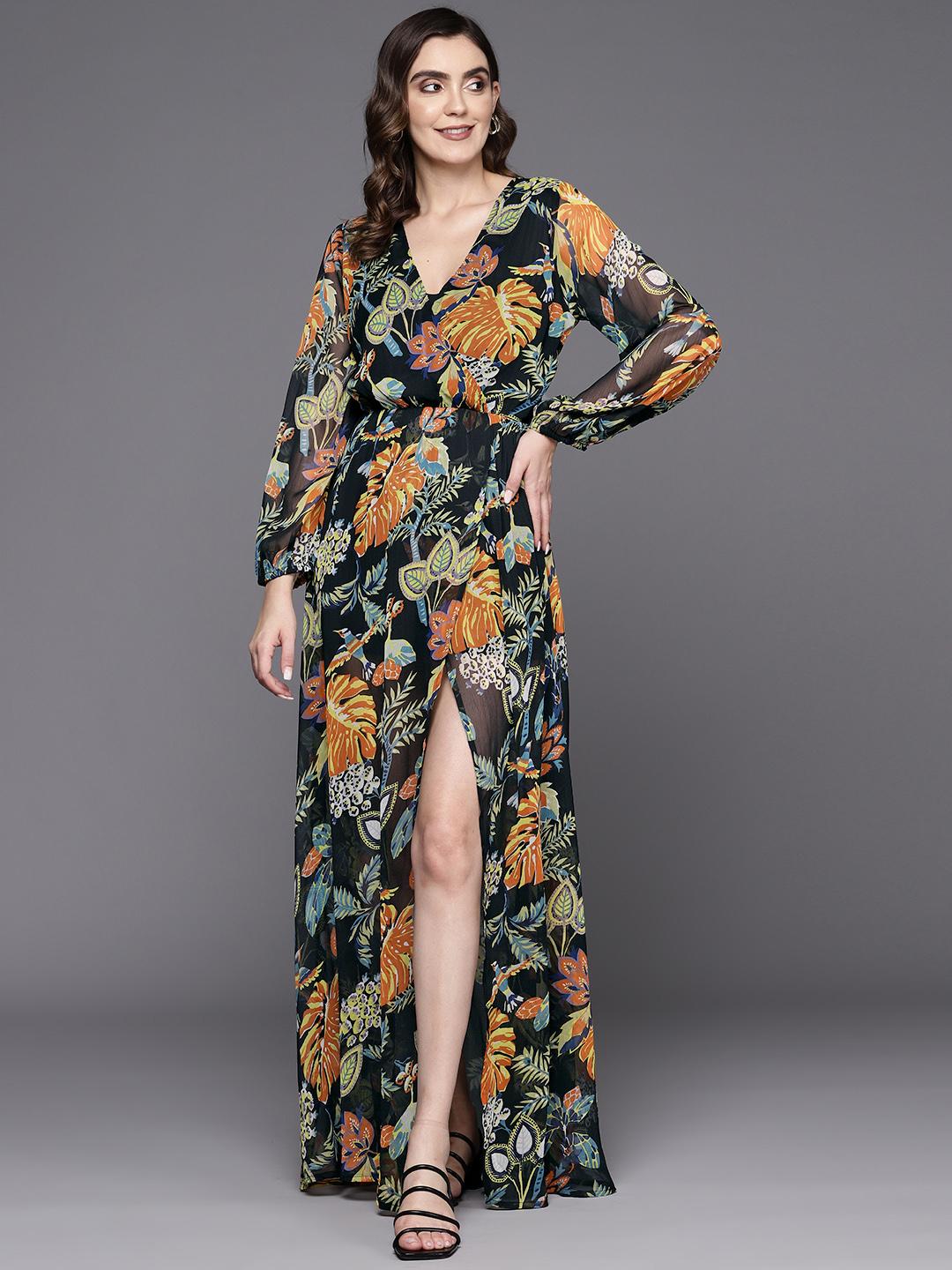Buy Indo Era Tropical Print Puff Sleeve Georgette A Line Maxi Dress ...
