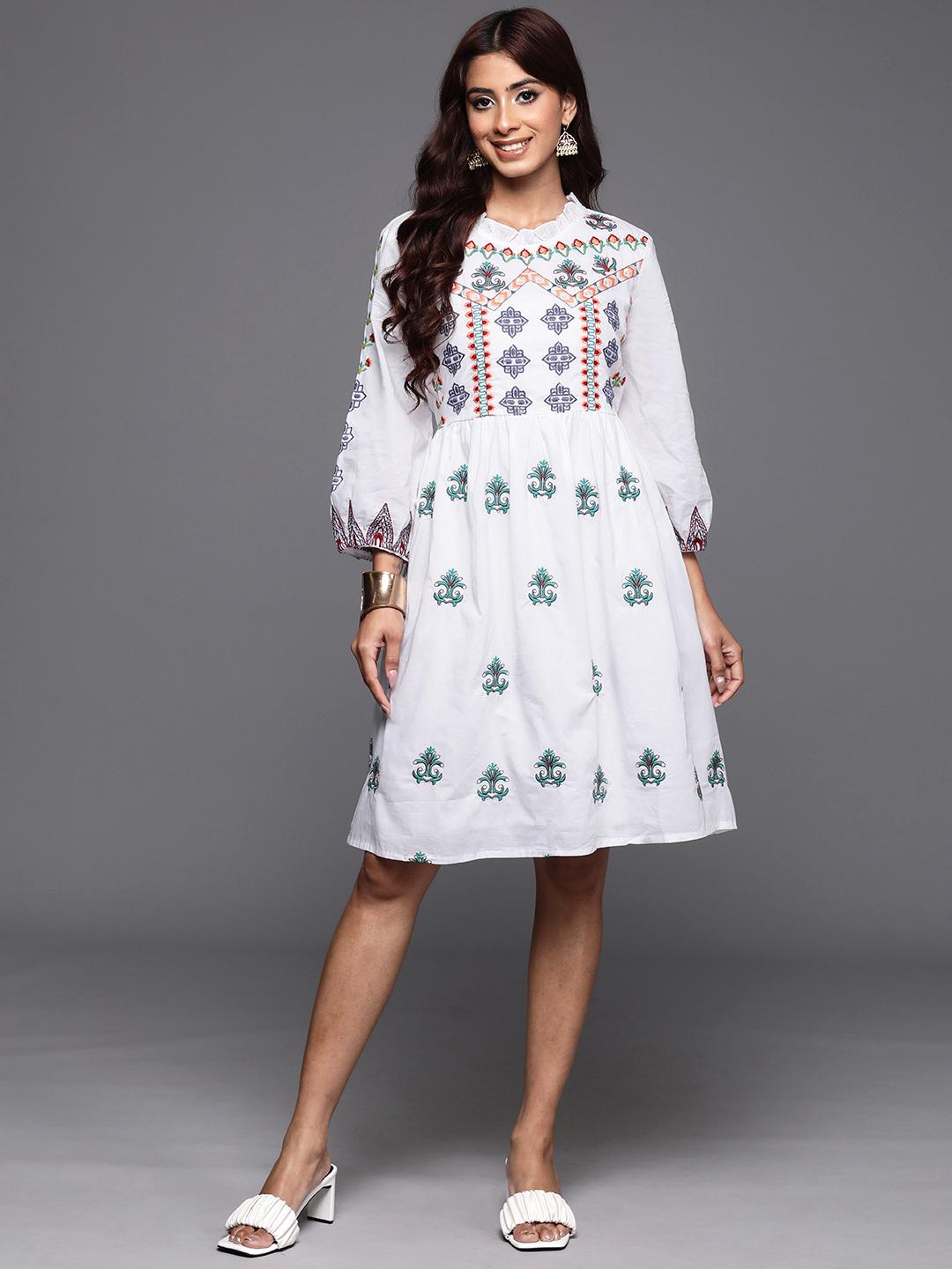 Buy Indo Era Ethnic Motifs High Neck Embroidered Puff Sleeves A Line ...