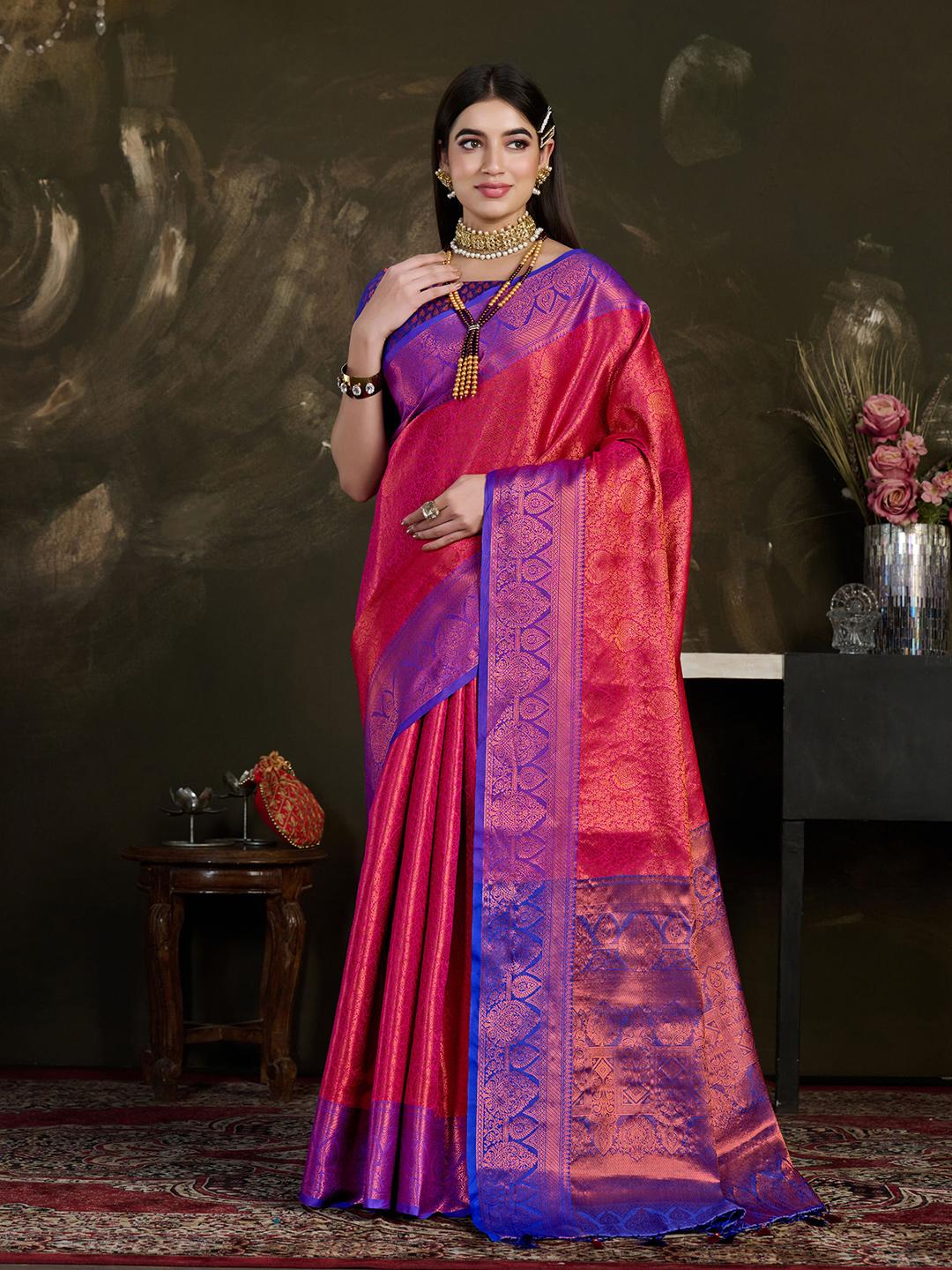 Buy MIMOSA Ethnic Motif Woven Design Zari Kanjeevaram Saree - Sarees ...