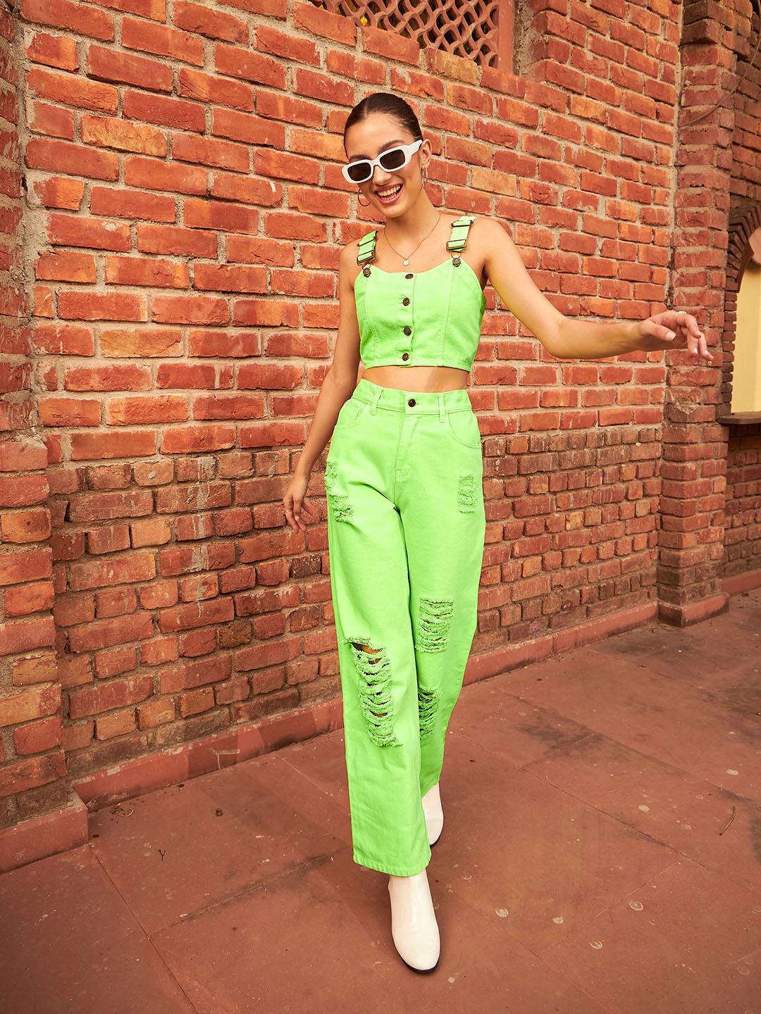 Buy SASSAFRAS Green Shoulder Straps Pure Cotton Denim Cropped Bustier ...