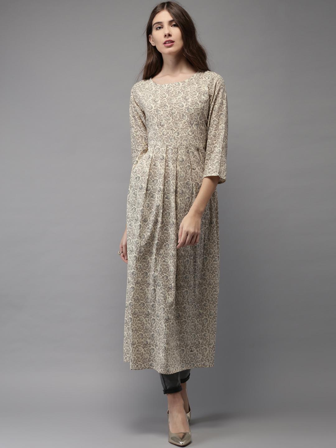 Buy HERE&NOW Women Beige & Taupe Printed A Line Kurta - Kurtas for ...