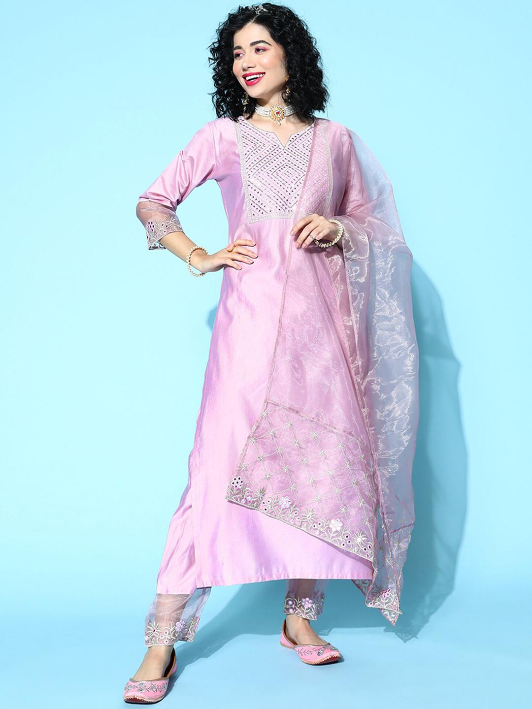 Buy Indo Era Lavender Geometric Yoke Design Sequinned Liva Kurta With ...