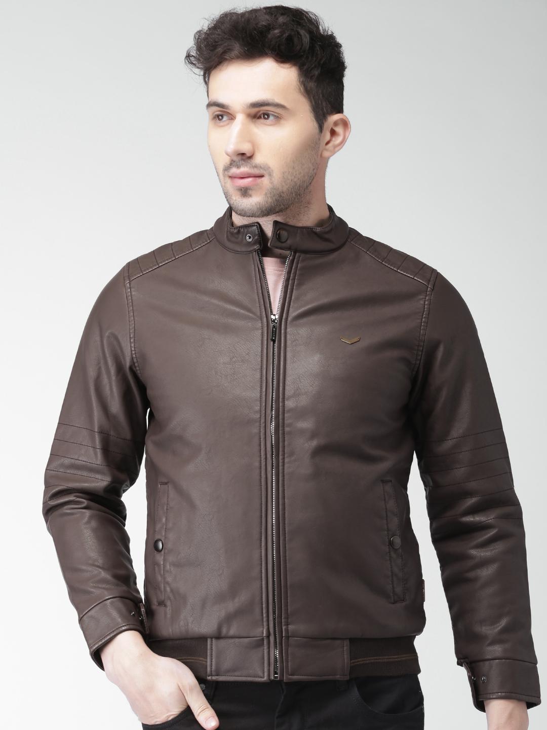 Buy Okane Men Coffee Brown Solid Biker Jacket - Jackets for Men 2299141 ...