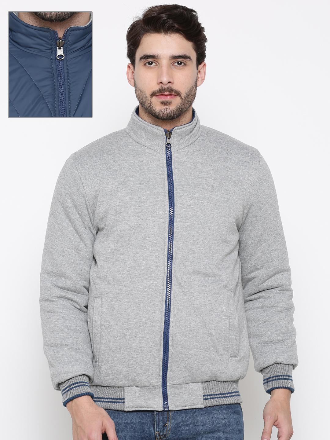 Buy French Connection Men Blue & Grey Solid Reversible Bomber Jacket ...