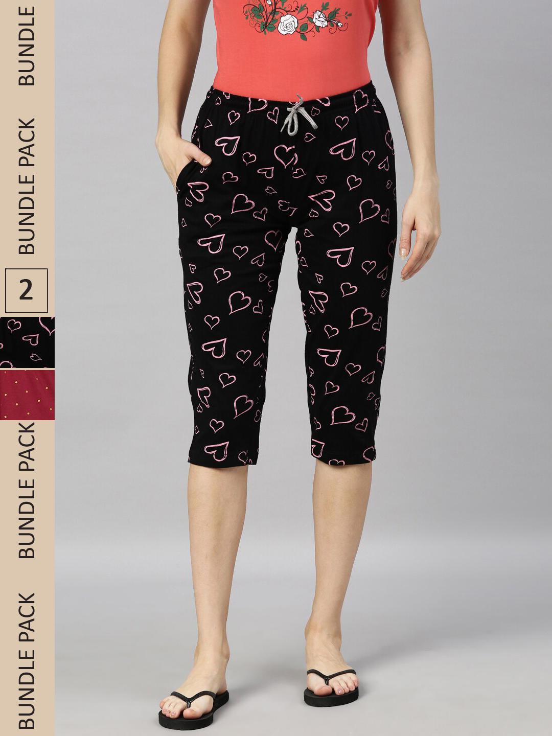Buy Kryptic Women Pack Of 2 Printed Mid Rise Pure Cotton Capris ...