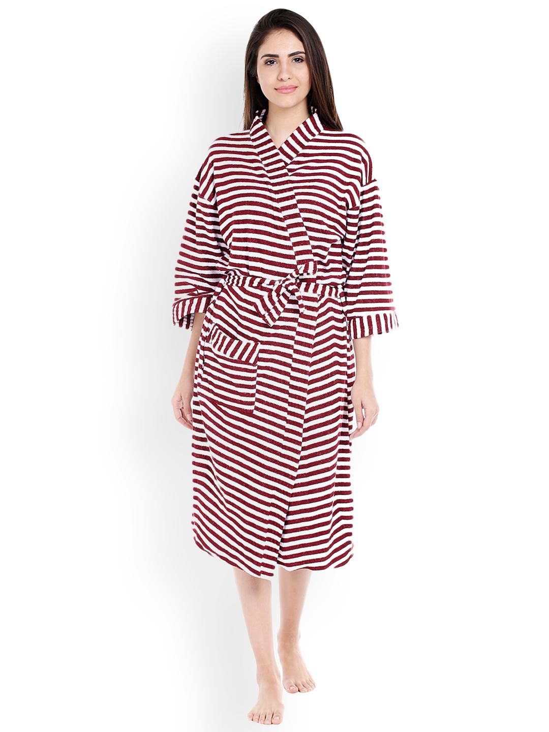 Buy Sand Dune Maroon & White Striped Bathrobe - Bath Robe And Wraps for ...