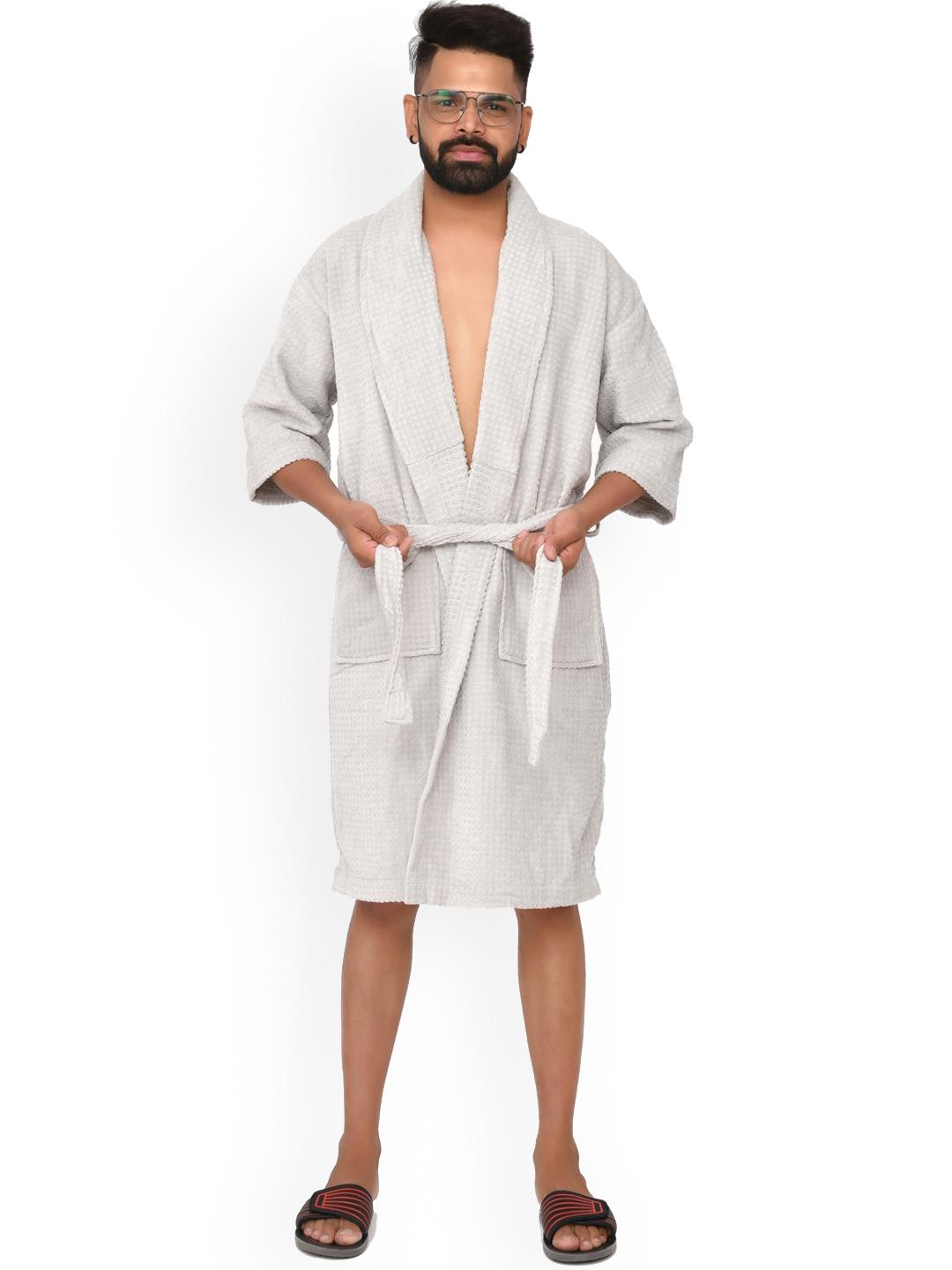 Buy Home Fresh White Self Design Cotton Drawstring Knee Length Bath ...