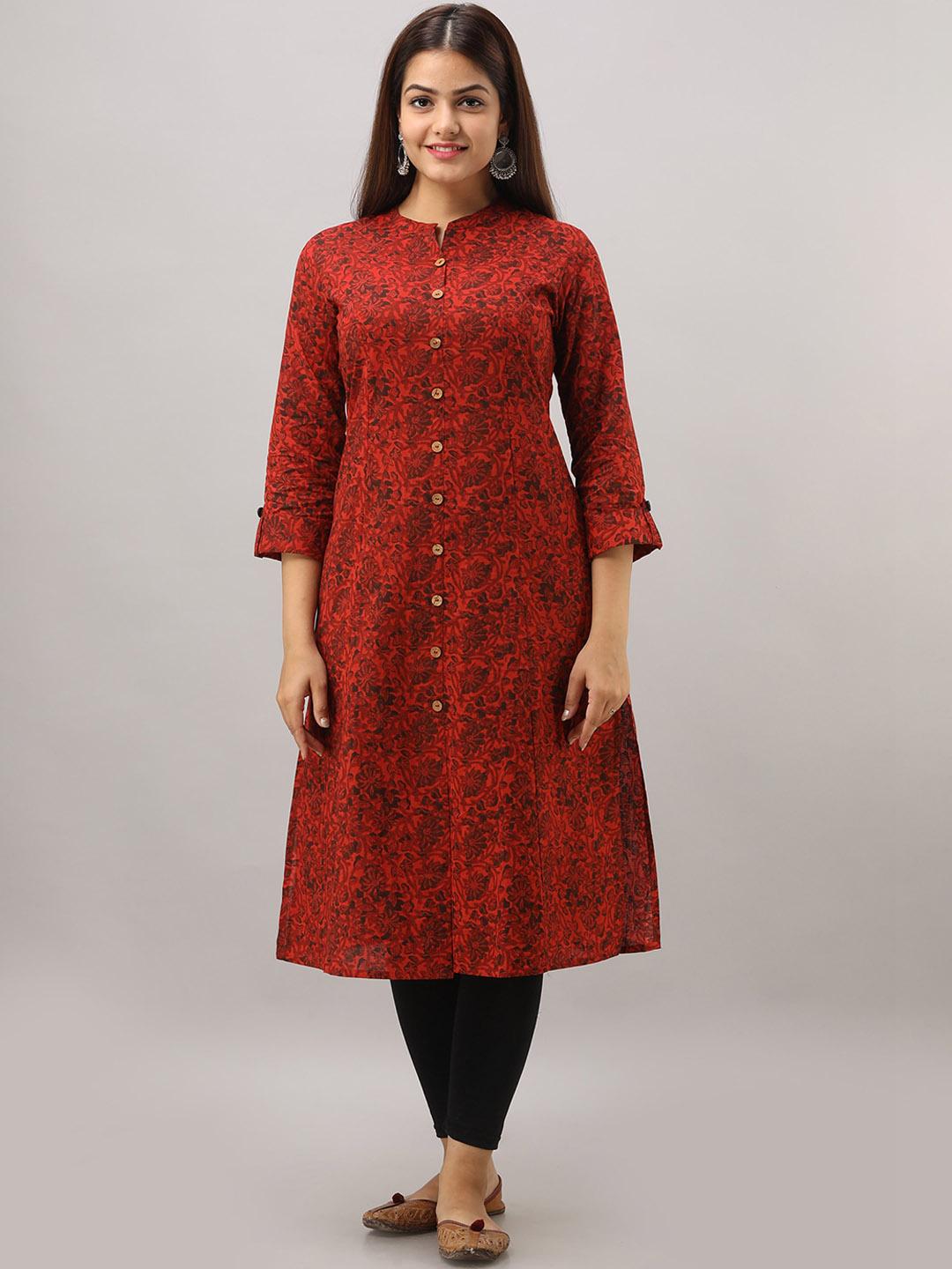 Buy HERE&NOW Maroon Mandarin Collar Floral Straight A Line Kurta ...