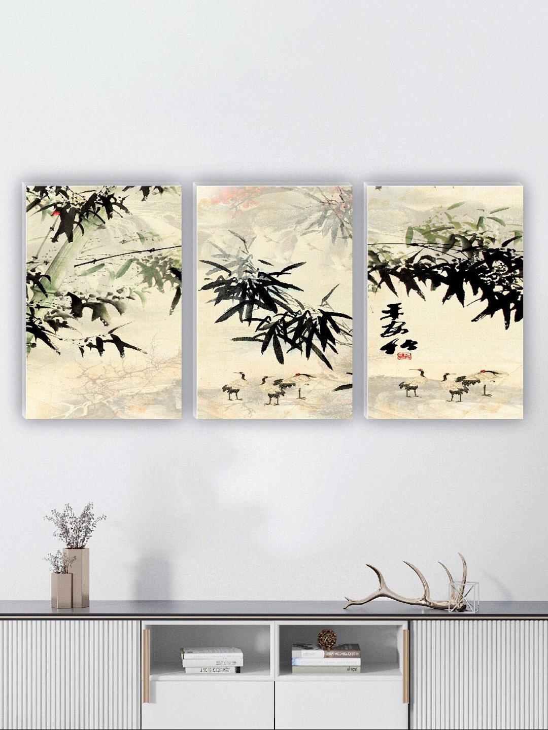 Buy SAF Cream Coloured & Black 3 Pieces Matte Finish Leaves Wall Art ...