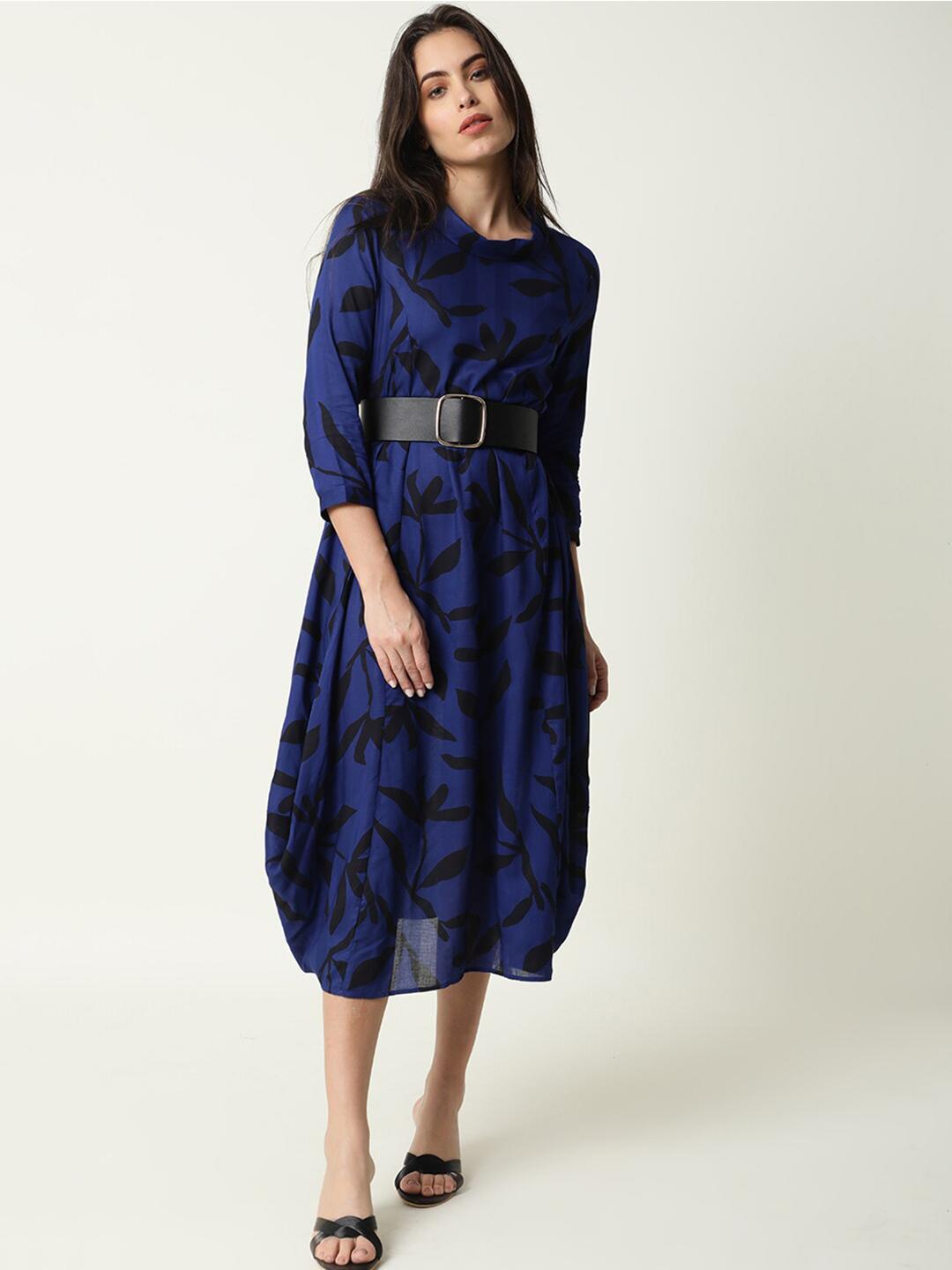 Buy RAREISM Floral Printed Cotton A Line Midi Dress With Belt - Dresses ...