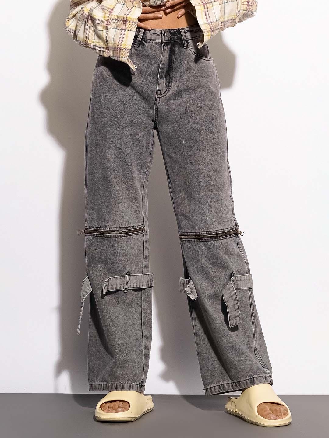 Buy FREAKINS Women Charcoal Grey Straight Fit High Rise Heavy Fade ...