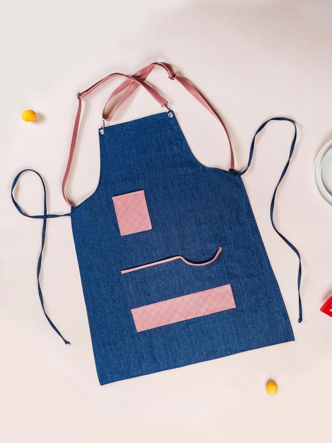 Buy Nestasia Blue & Pink Cotton Denim Kitchen Apron With 3 Pockets ...