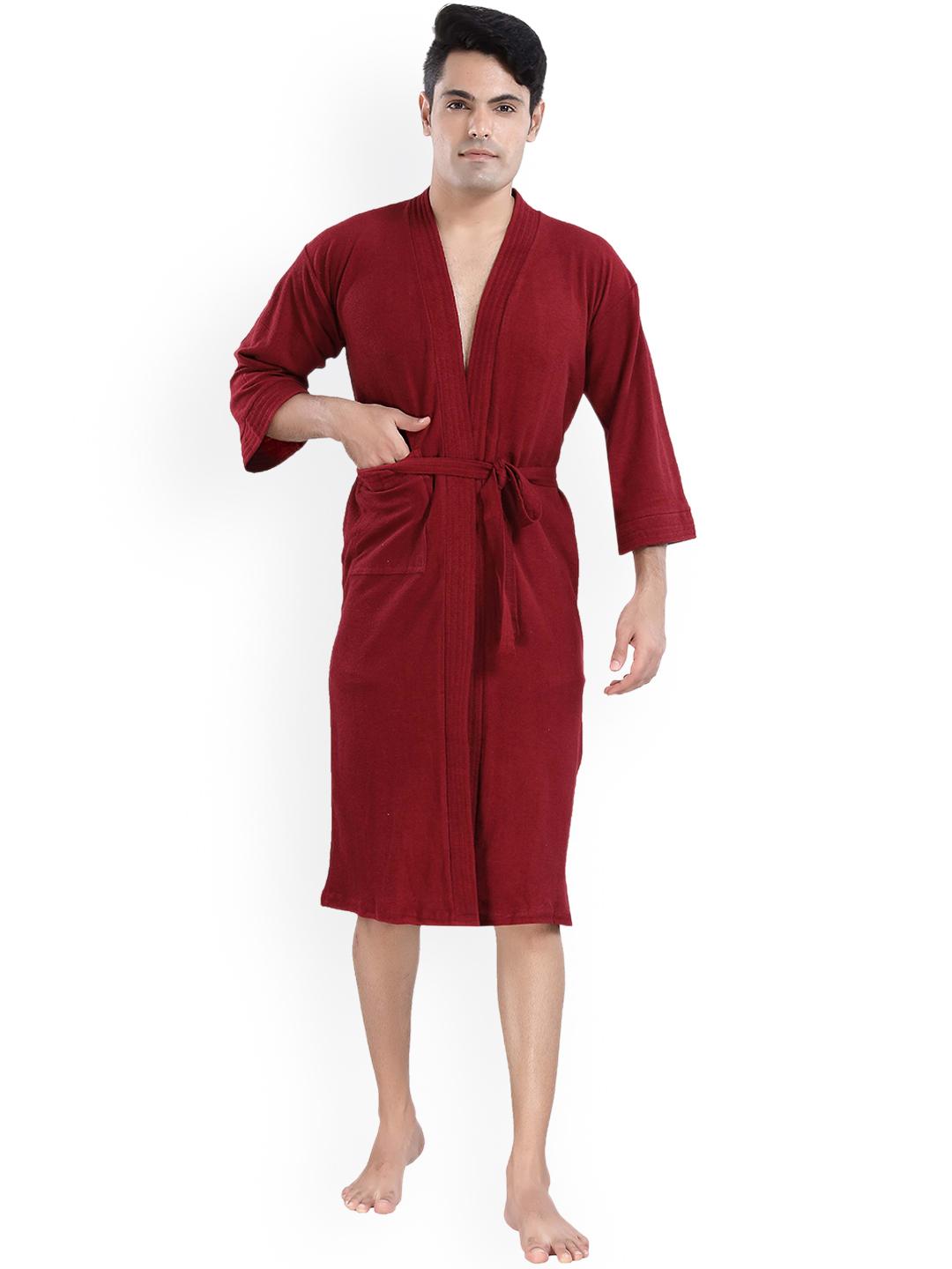 Buy HotGown Maroon Solid Cotton Drawstring Knee Length Bath Robe S ...