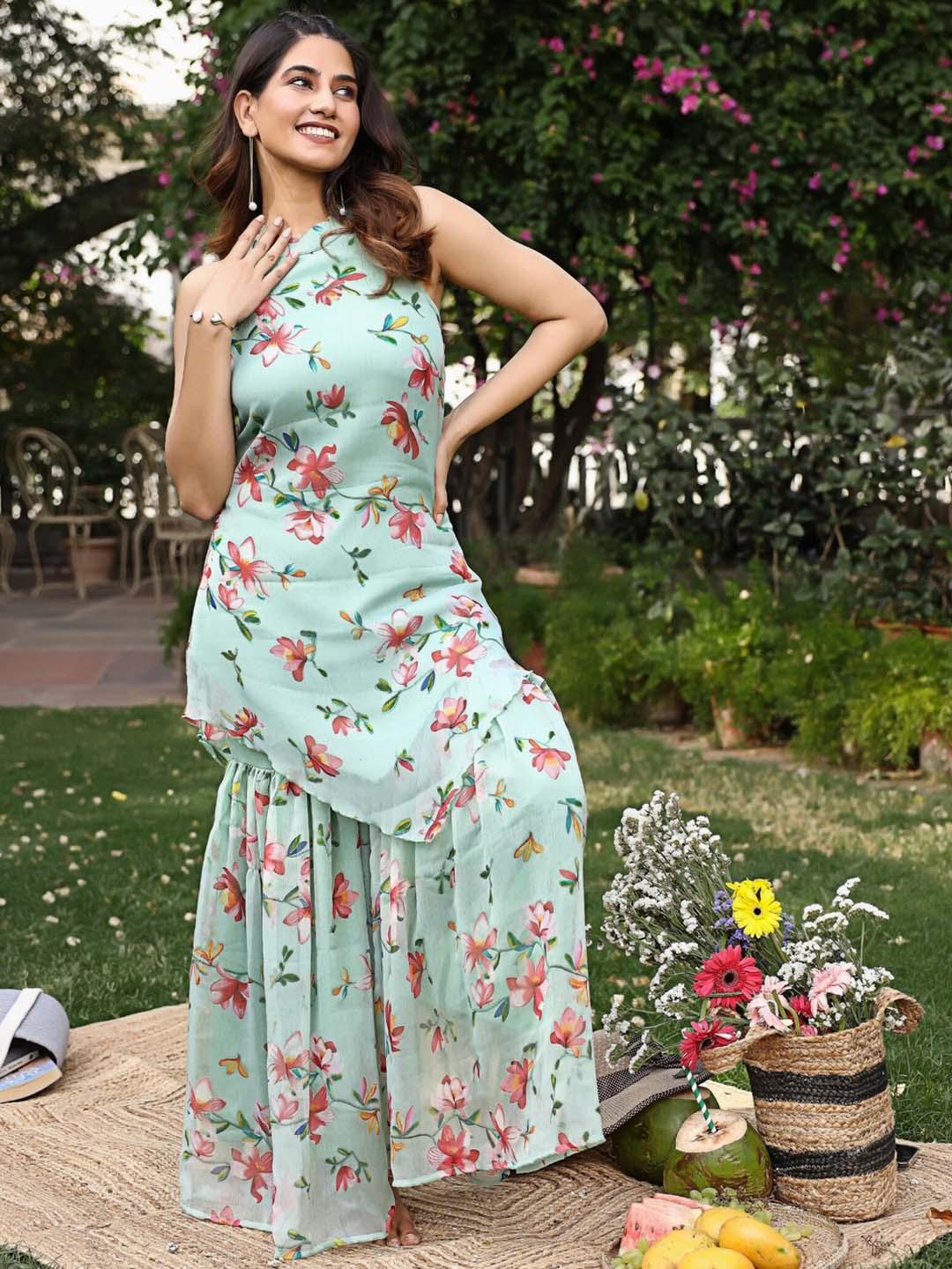 Buy Thread & Button Floral Printed Regular Silk Chiffon Kurta With Sharara - Kurta Sets for ...