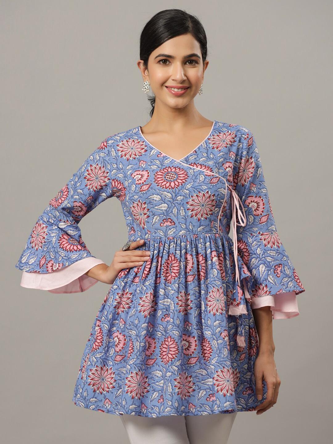 Buy Indian Virasat Blue Floral Print Bell Sleeve Cotton Empire Longline ...