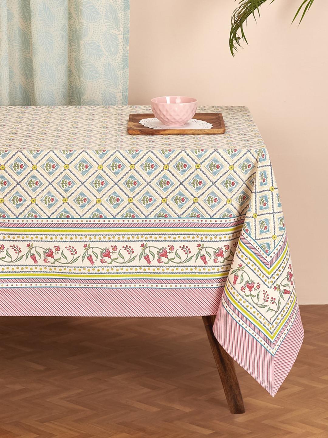 Buy Fabindia Ramya Beige & Pink Printed Cotton 4 Seater Table Cover ...