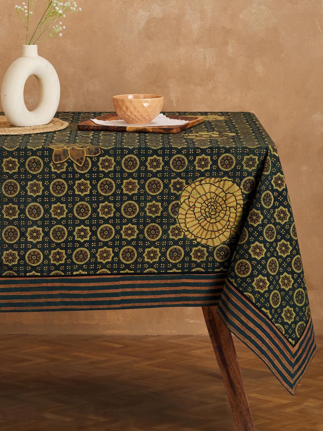 Buy Fabindia Ipshita Green & Brown Printed Cotton 4 Seater Table Cover ...