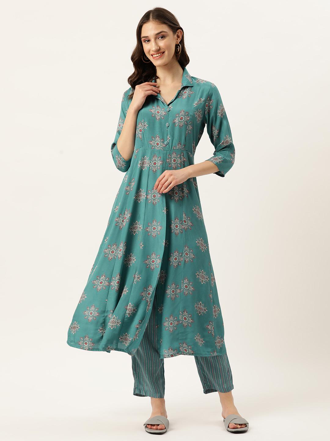 Buy DIVYANK Women Ethnic Motifs Printed High Slit Kurta With Trousers ...