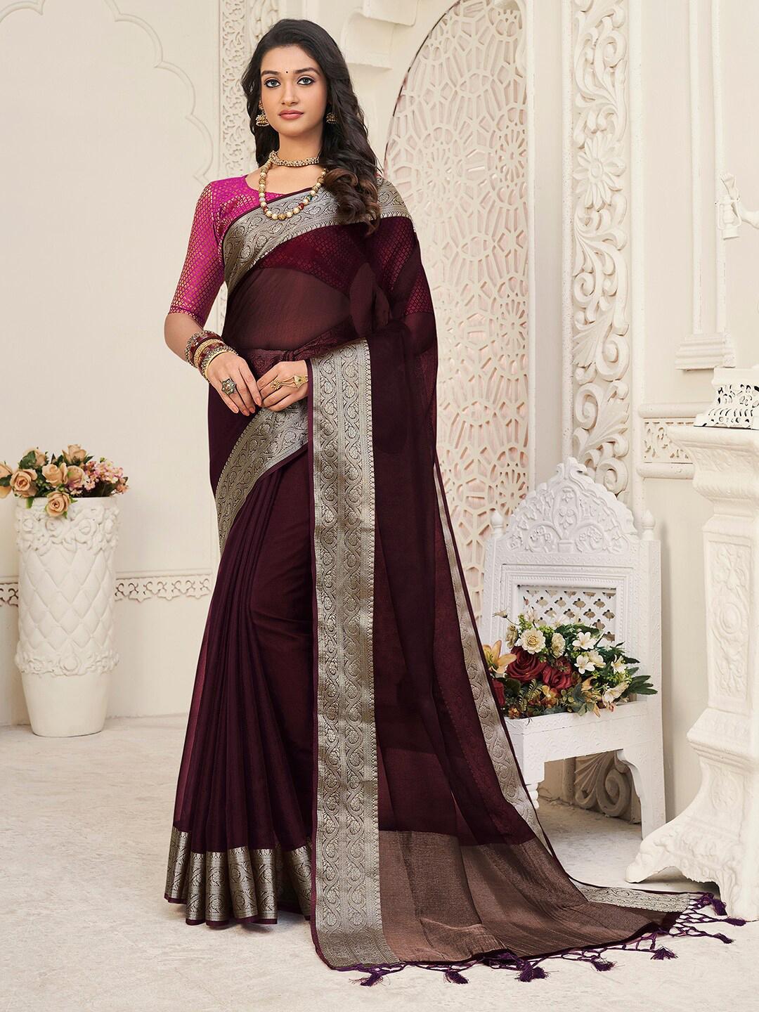 Buy Mitera Burgundy & Silver Toned Woven Design Zari Organza Saree ...