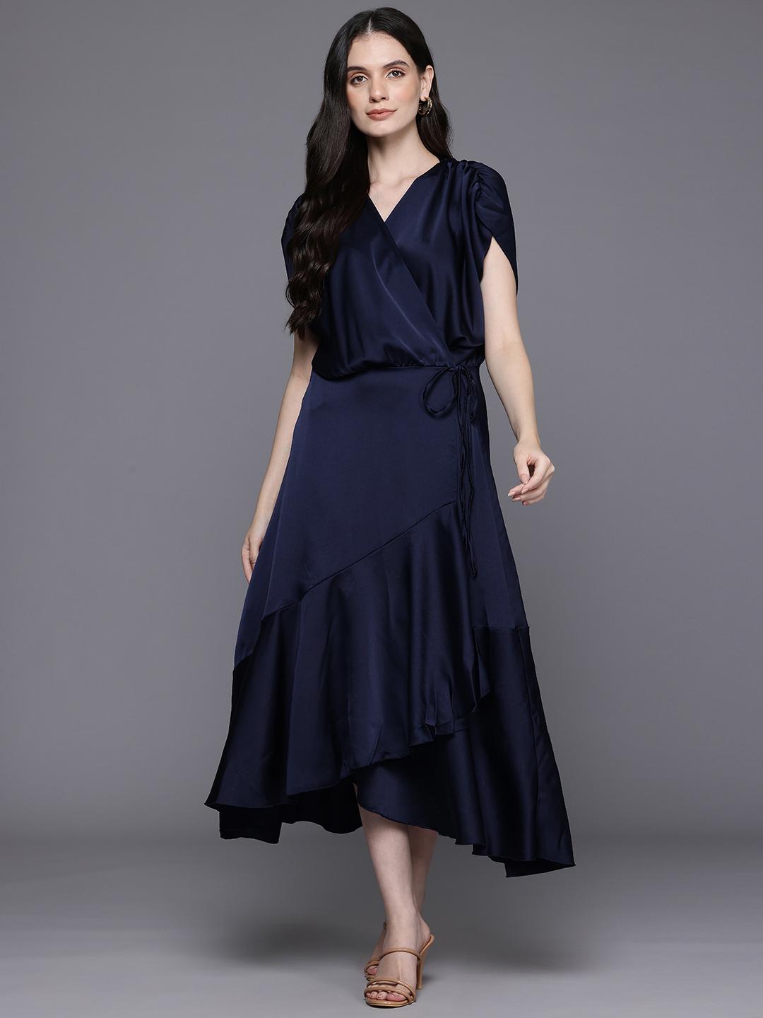 Buy Boohoo Satin Finish Flounce Hem Wrap Style Midi Dress - Dresses for ...