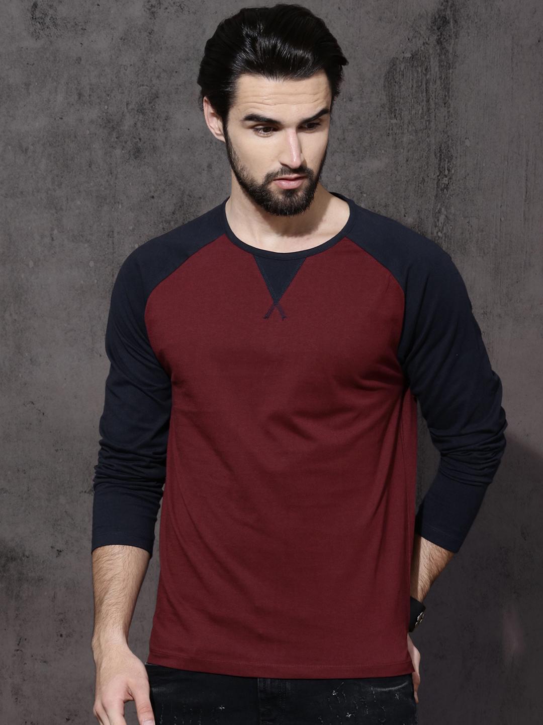 Buy Roadster Men Maroon Navy Blue Cotton T Shirt - Tshirts for Men ...