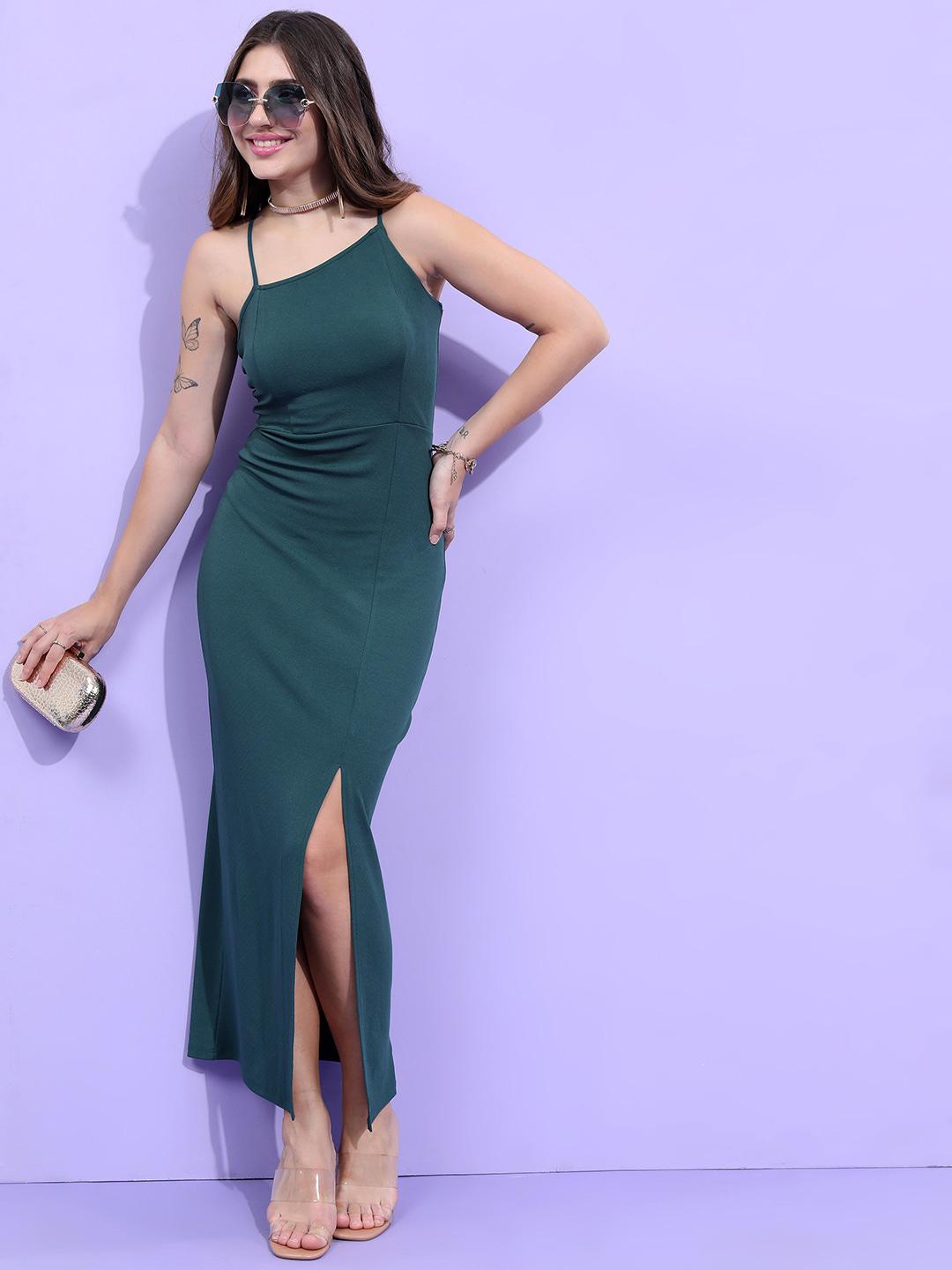 Buy Tokyo Talkies Green Shoulder Straps Front Slit Maxi Dress - Dresses ...