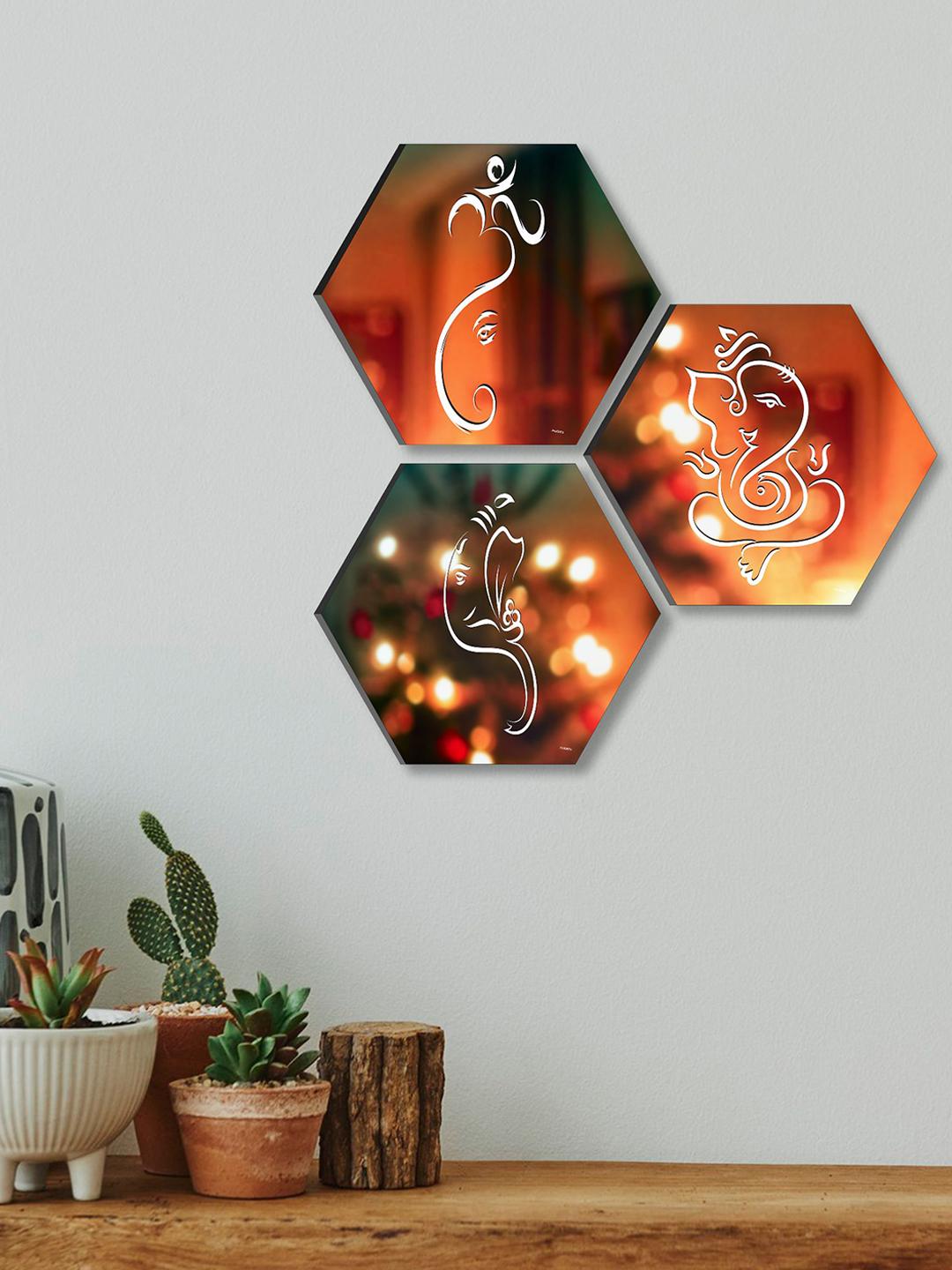 Buy SAF Red & White 3 Pieces Lord Ganesha Printed UV Coating Wall Art ...