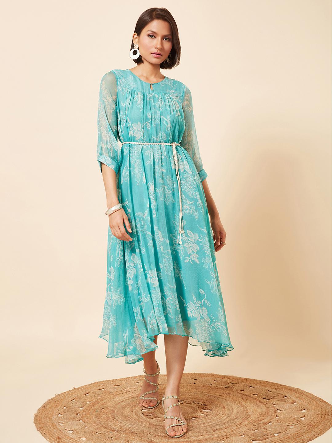 Buy Marigold Lane Blue Floral Print Fit & Flare Midi Dress - Dresses ...