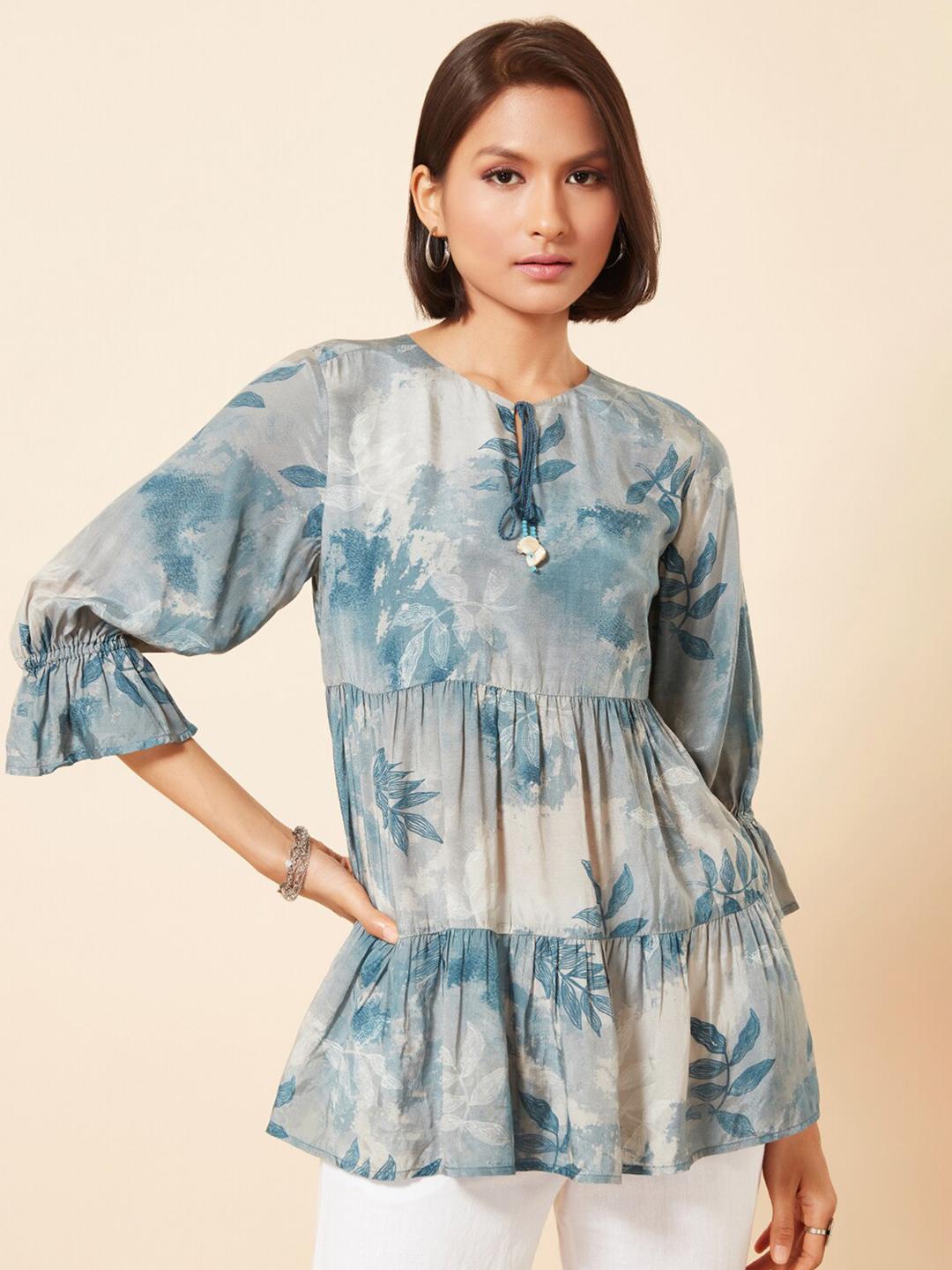 Buy Marigold Lane Floral Printed Tie Up Neck Puff Sleeve A Line Top ...