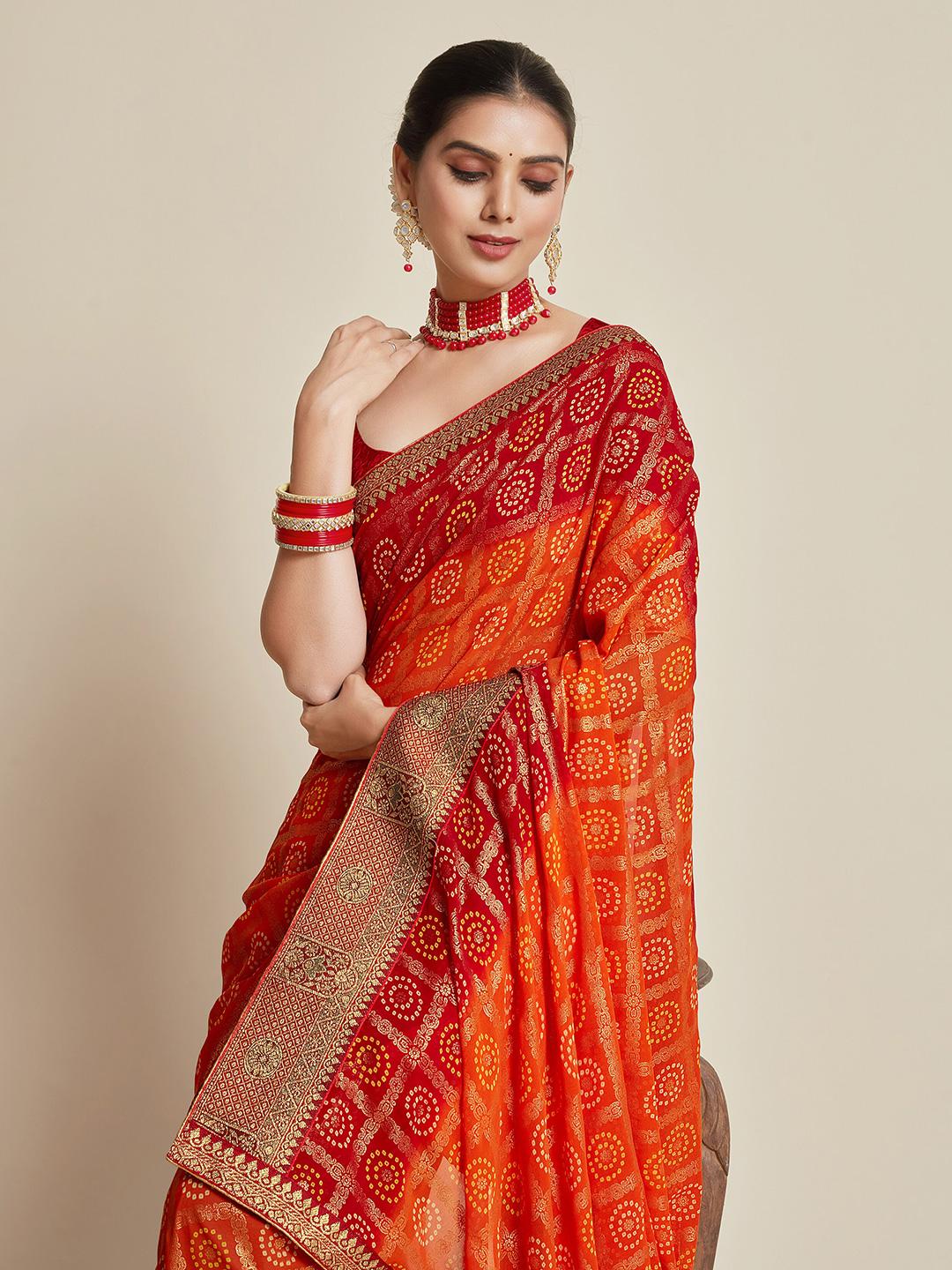 Buy Sangria Orange Printed Zari Pure Georgette Bandhani Saree - Sarees ...