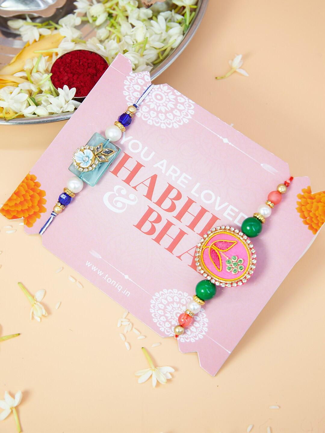 Buy Fida Floral Pearl With Stone Studded Handmade Bhaiya Bhabhi Rakhi ...