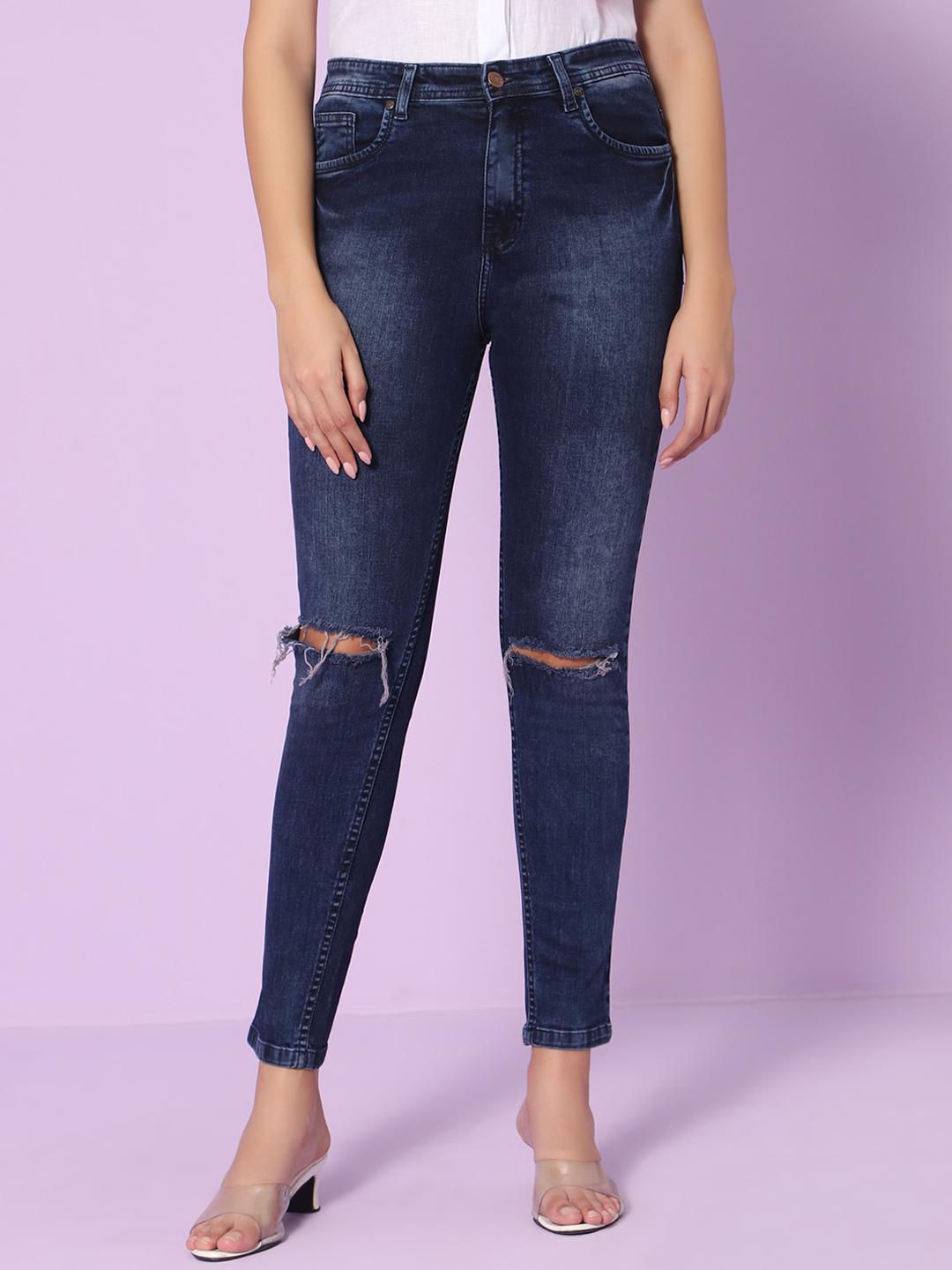 Buy HJ HASASI Women Slim Fit High Rise Slash Knee Light Fade ...