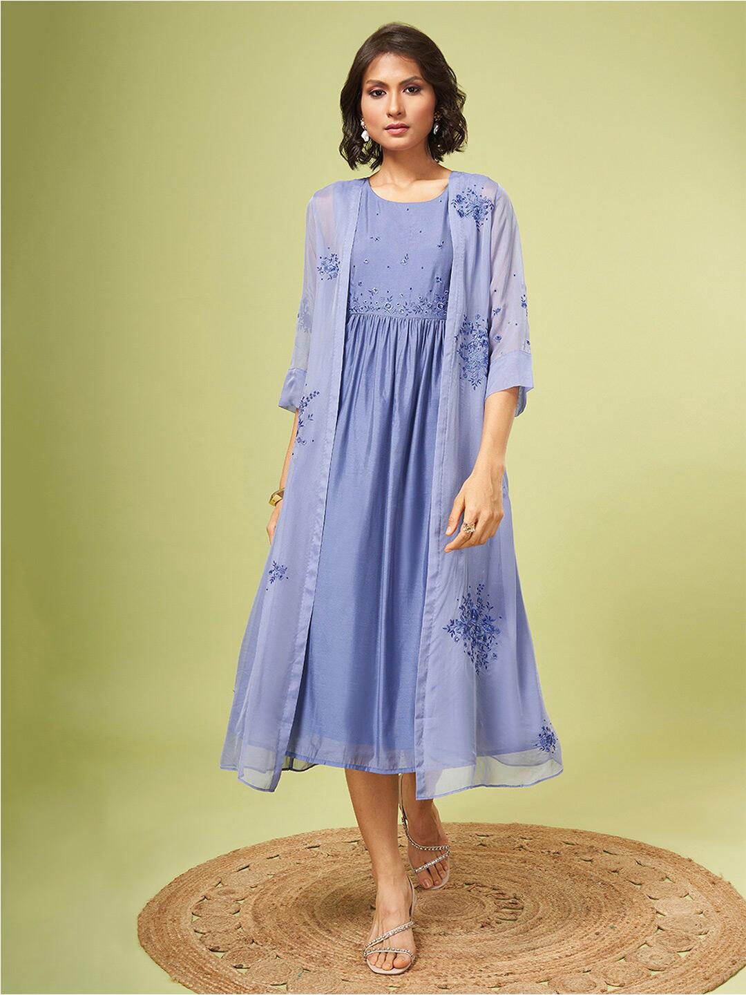 Buy Marigold Lane Solid Fit & Flare Midi Ethnic Dress With Shrug And ...