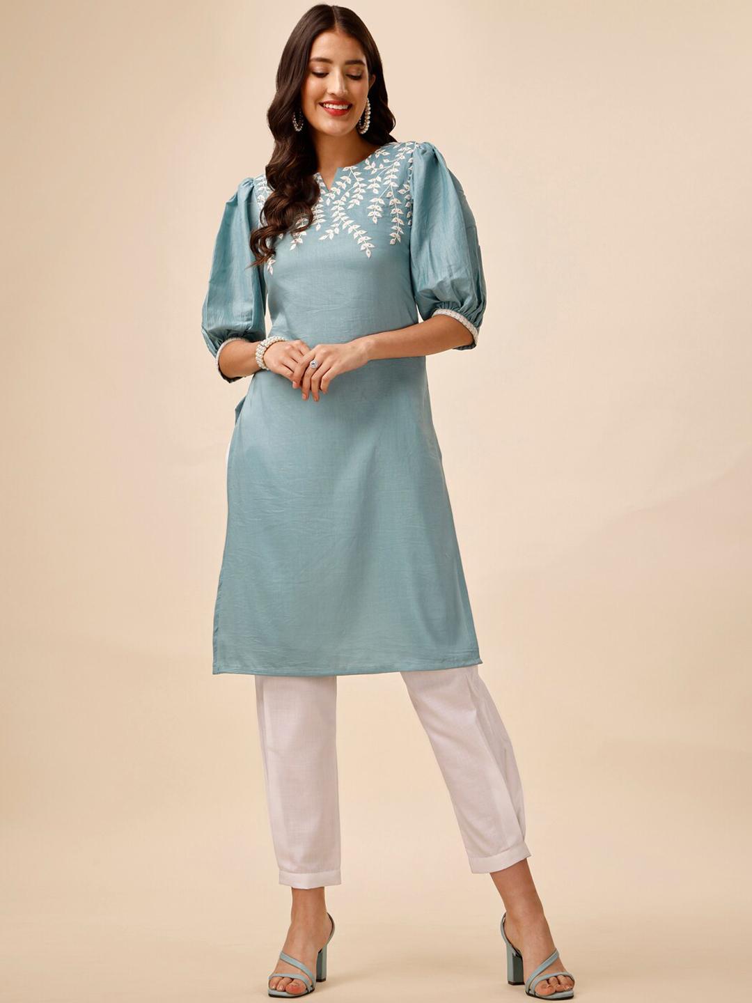 Buy Inddus Blue Floral Embroidered Thread Work Kurta With Trousers ...