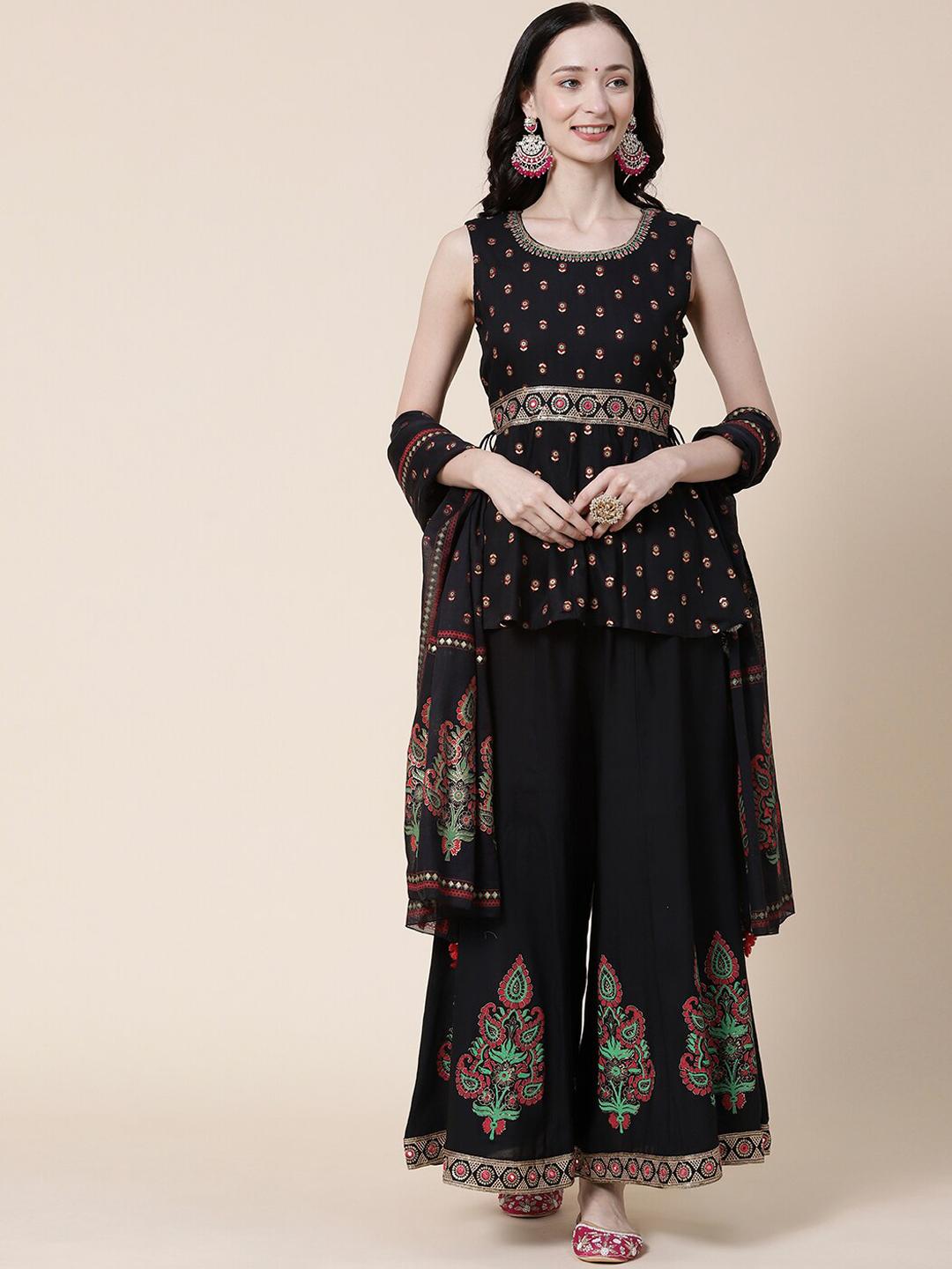 Buy FASHOR Ethnic Motifs Printed Mirror Work Kurta With Palazzos ...