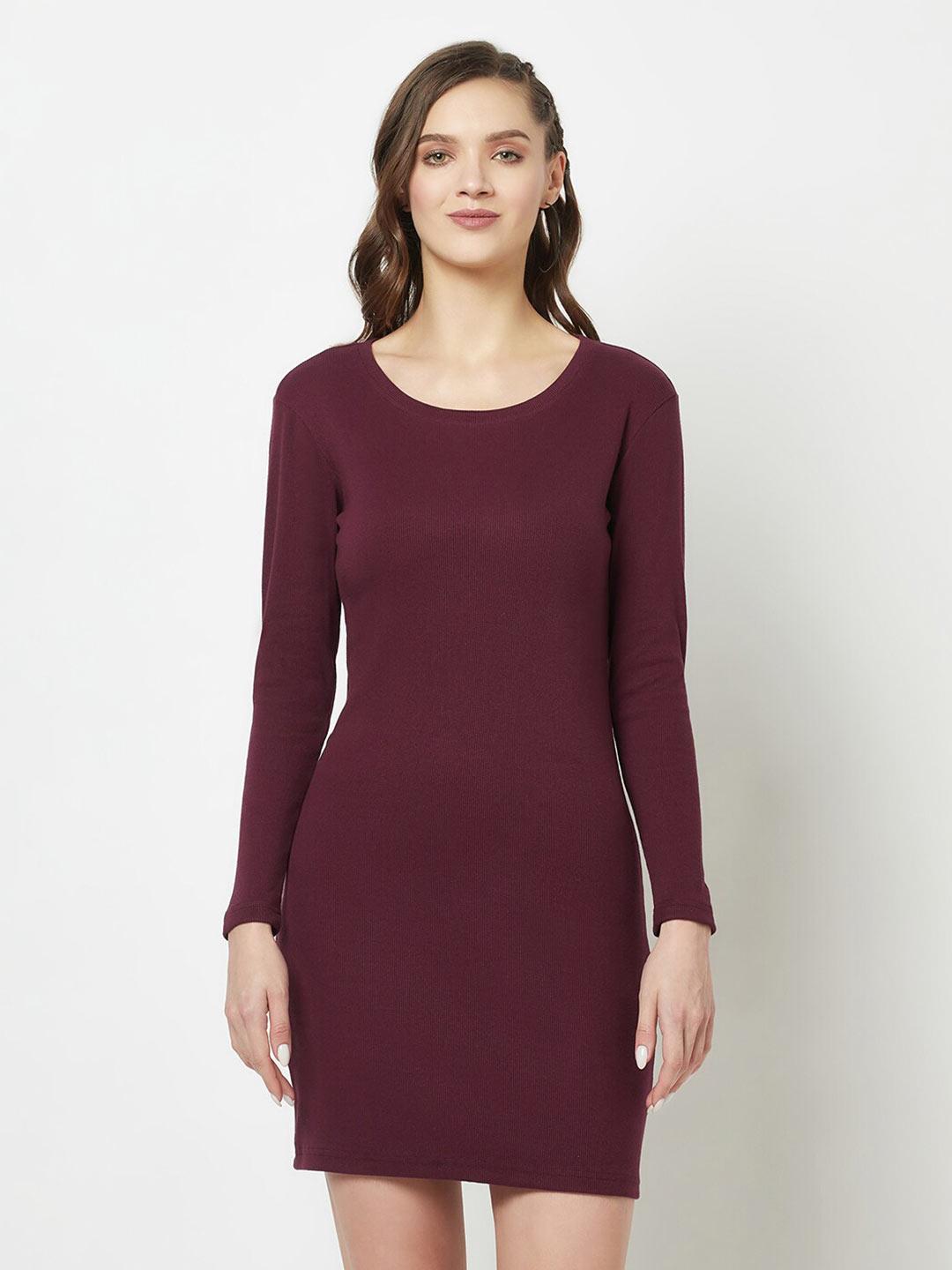 Buy GLITO Solid Round Neck Full Sleeve Bodycon Mini Dress - Dresses for ...