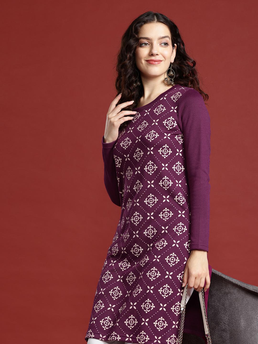 Buy Anouk Ethnic Motifs Print Knitted Winter Kurta - Kurtas for Women ...