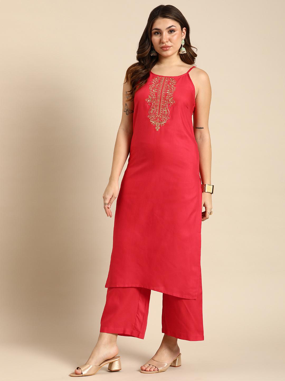 Buy Anouk Floral Yoke Design Shoulder Straps Kurta With Palazzos ...
