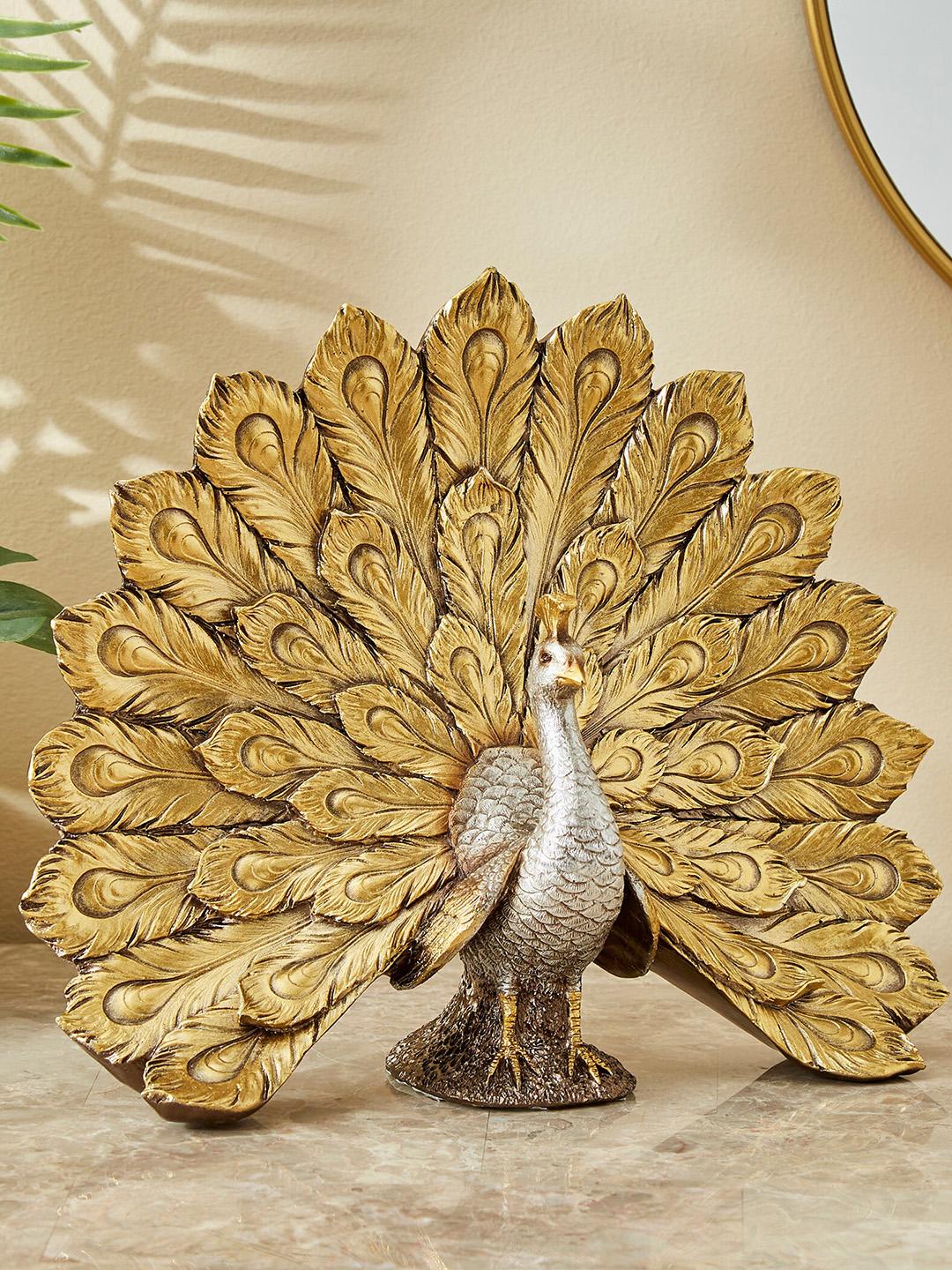 Buy Home Centre Corsica Peacock Full Feather Gold Polyresin Natural ...