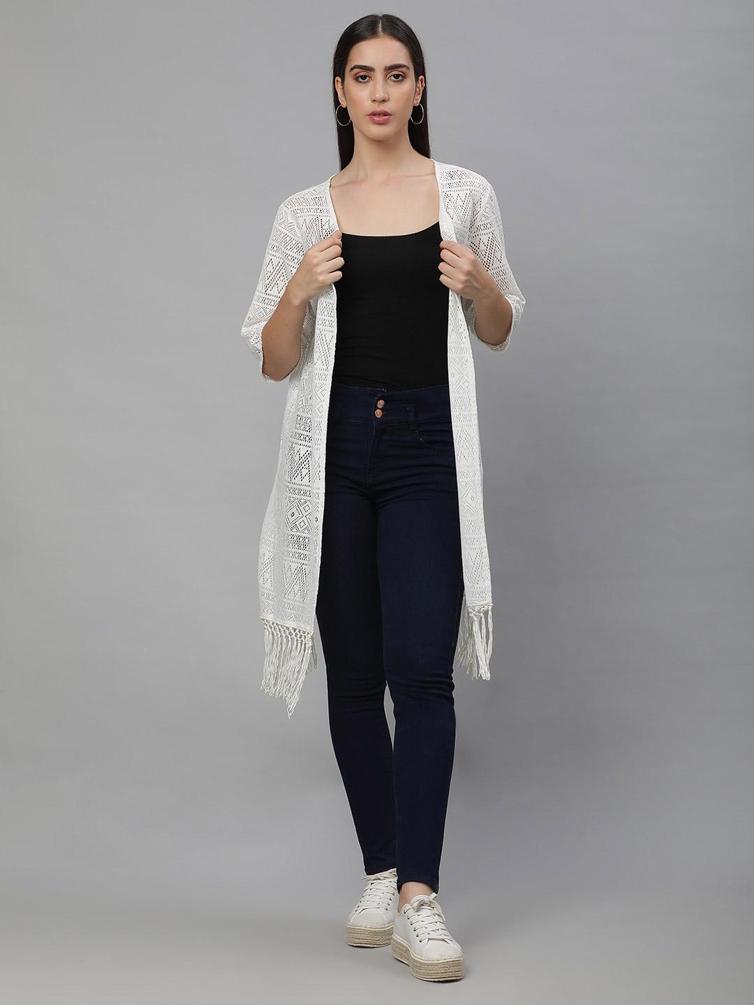 Buy UnaOne Self Design Front Open Pure Cotton Longline Shrug - Shrug ...