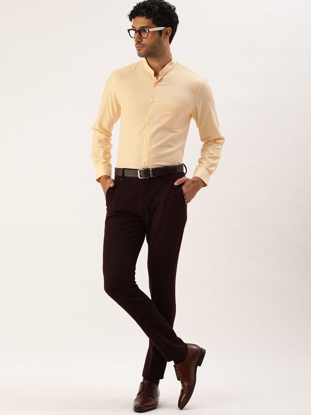 Buy Peter England Slim Fit Band Collar Full Sleeves Self Design Formal ...