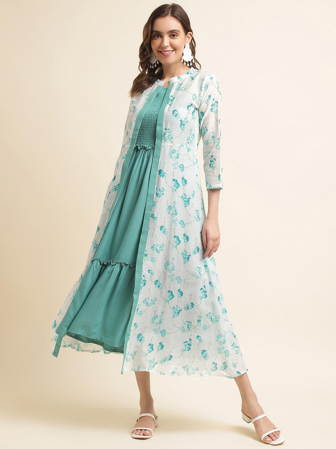 Buy Ishin Sea Green Shoulder Straps Smocked Tiered Cotton Fit & Flare ...