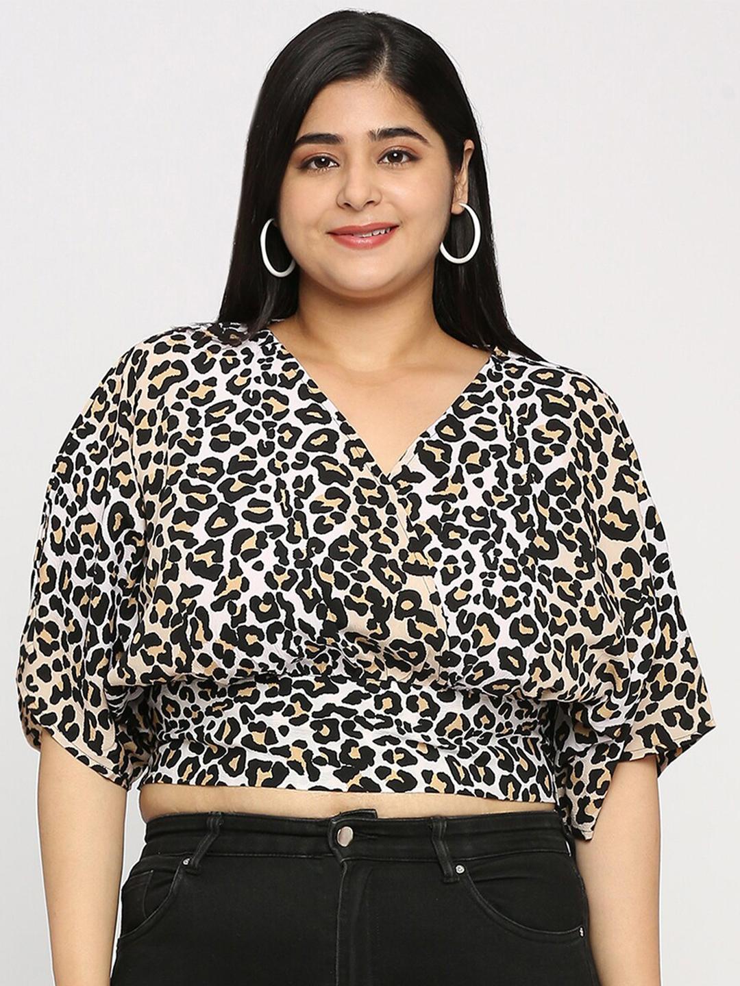 Buy Style Quotient Beige Animal Print Extended Sleeves Crepe Wrap Crop ...