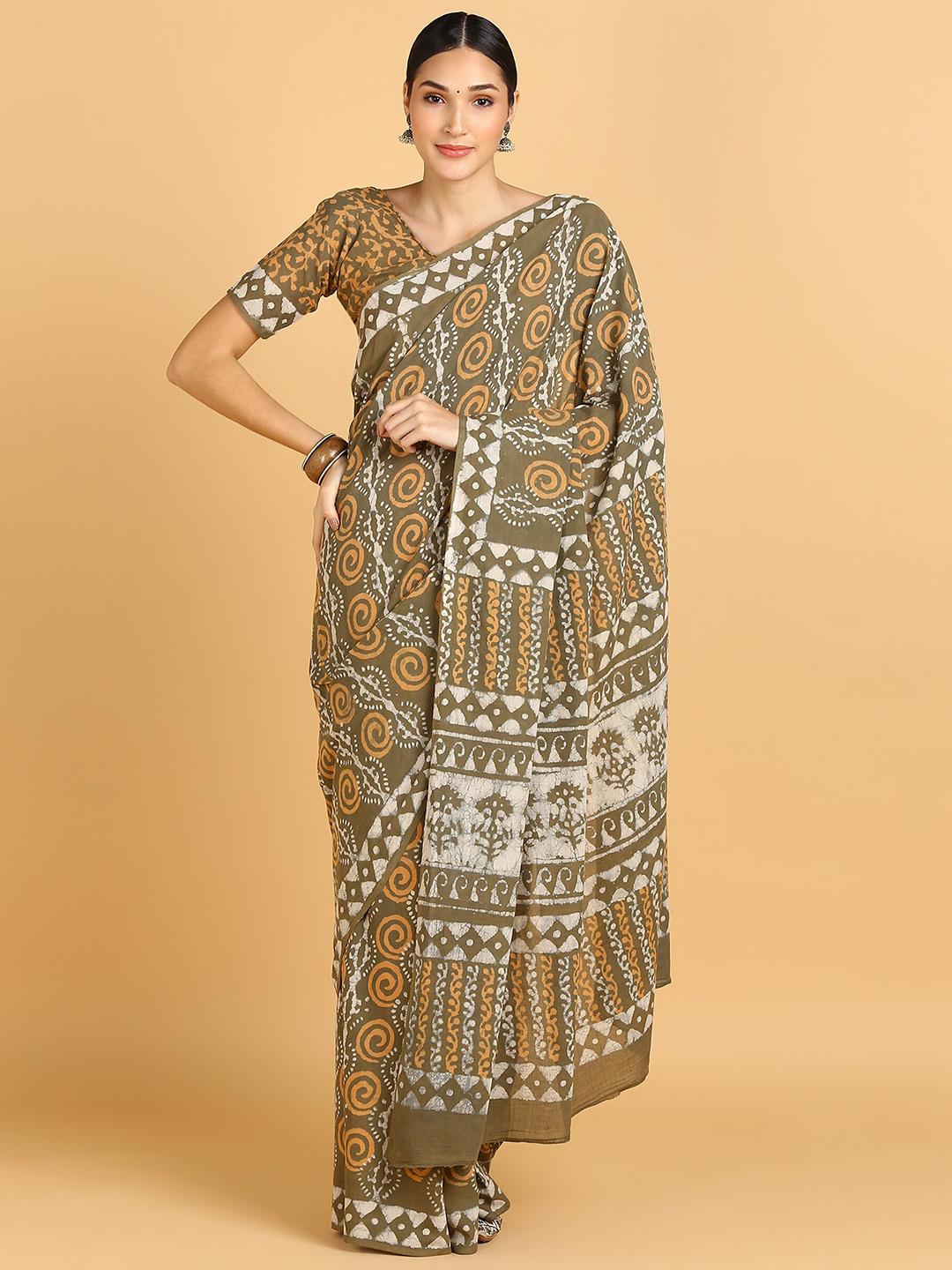 Buy BLOCKS OF INDIA Batik Printed Pure Cotton Block Print Saree ...